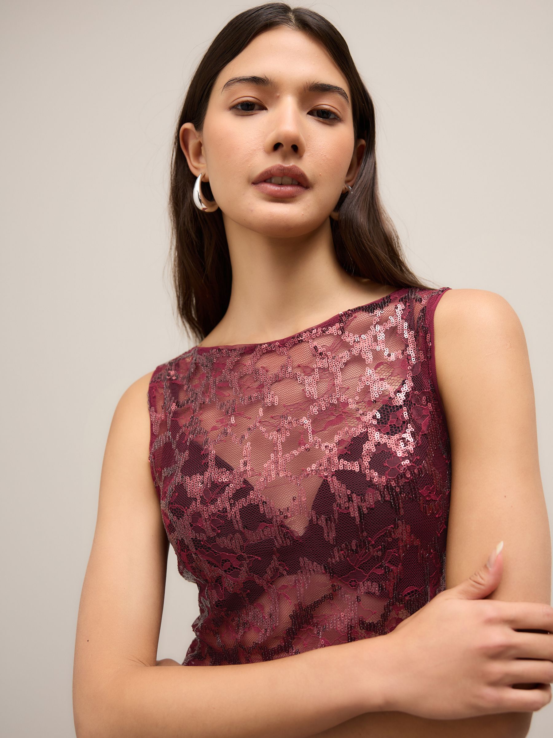 Buy Red - Lace Sequin Slash Neck Sleevless Top from Next Hong Kong