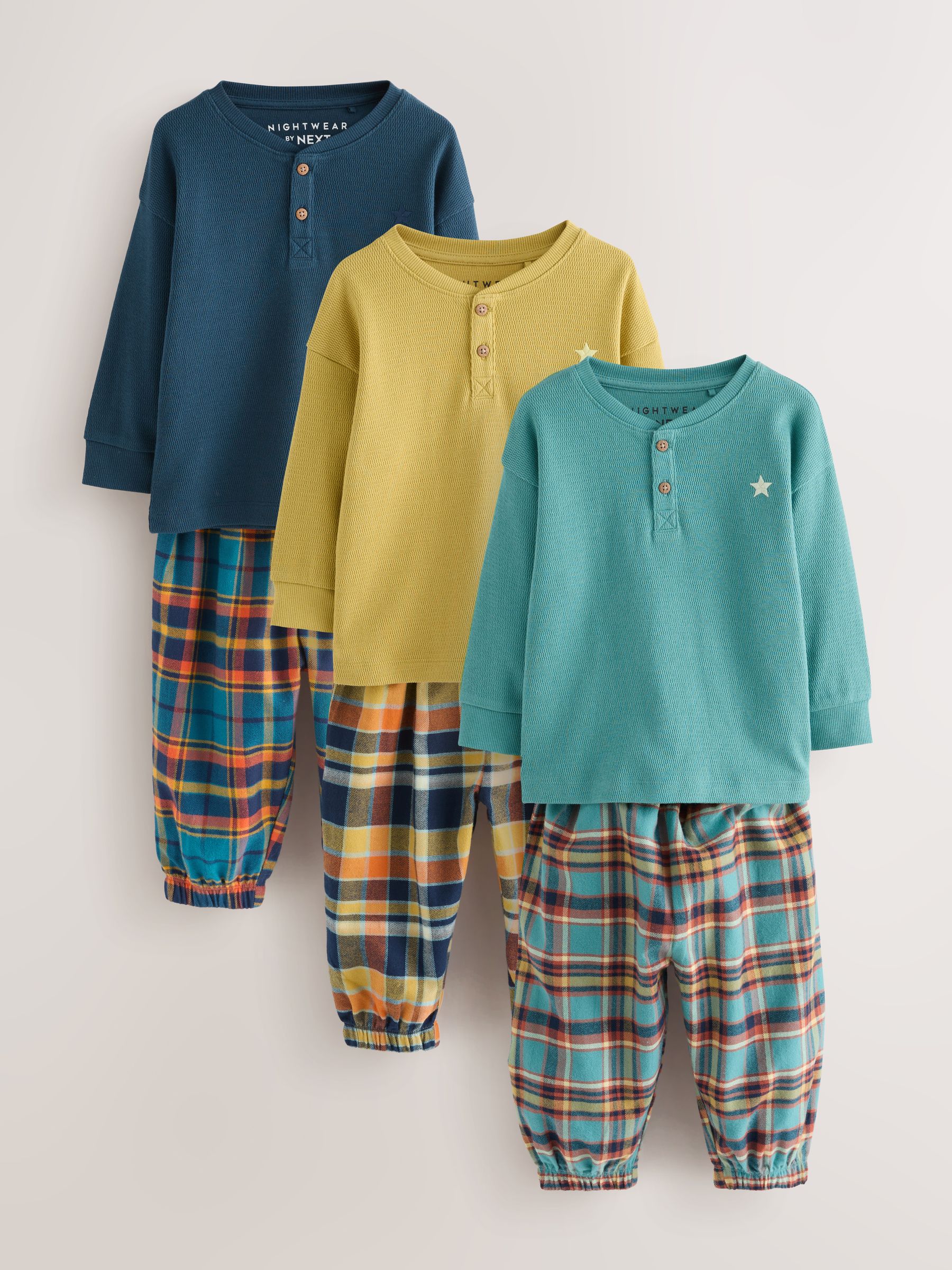 Buy Teal/Navy/Ochre Check Woven Bottom Pyjamas 3 Pack (9mths-12yrs ...