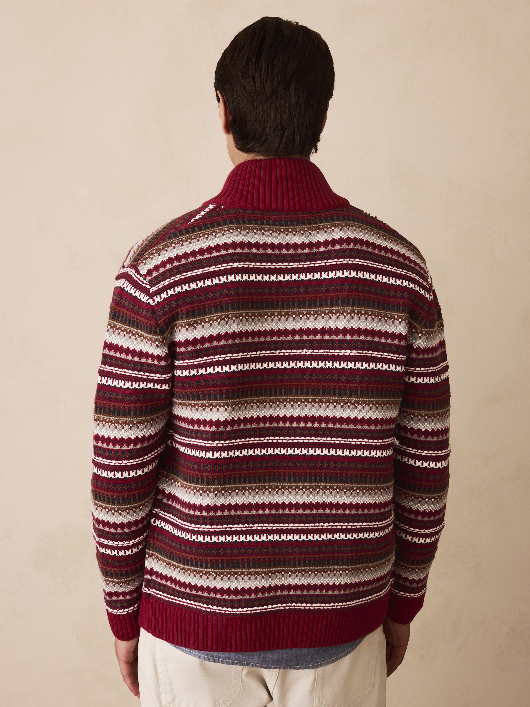 Buy Red Relaxed Fit Cotton Rich Fairisle Pattern Zip Through Cardigan ...