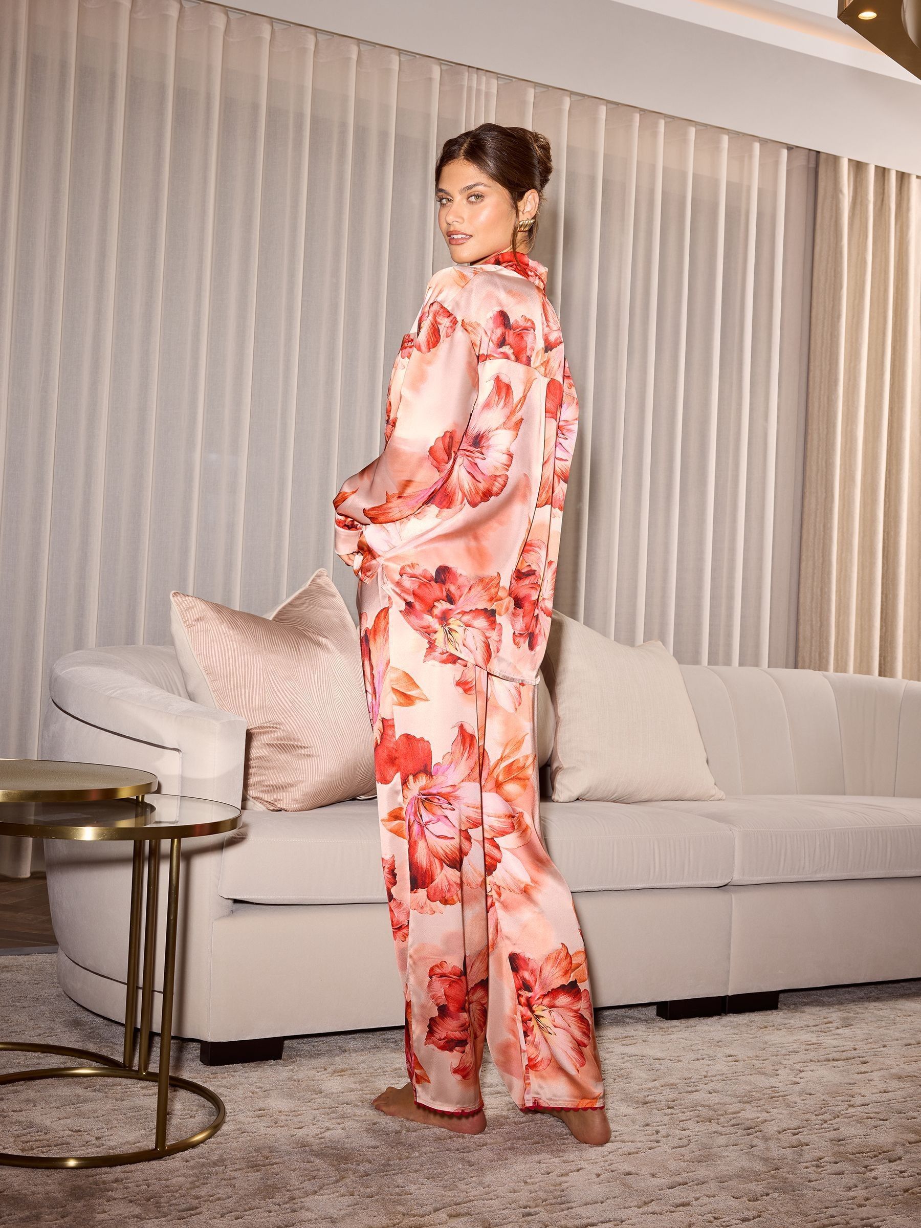 Buy Lipsy Pink Orange Floral Relaxed Long Sleeve Printed Satin Pyjamas ...