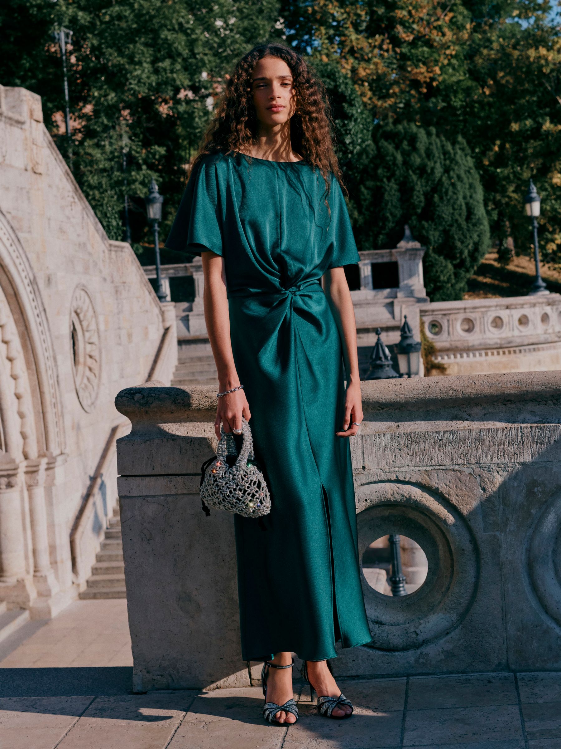 Buy Emerald Green Textured Satin Short Sleeve Twist Front Midi Dress ...
