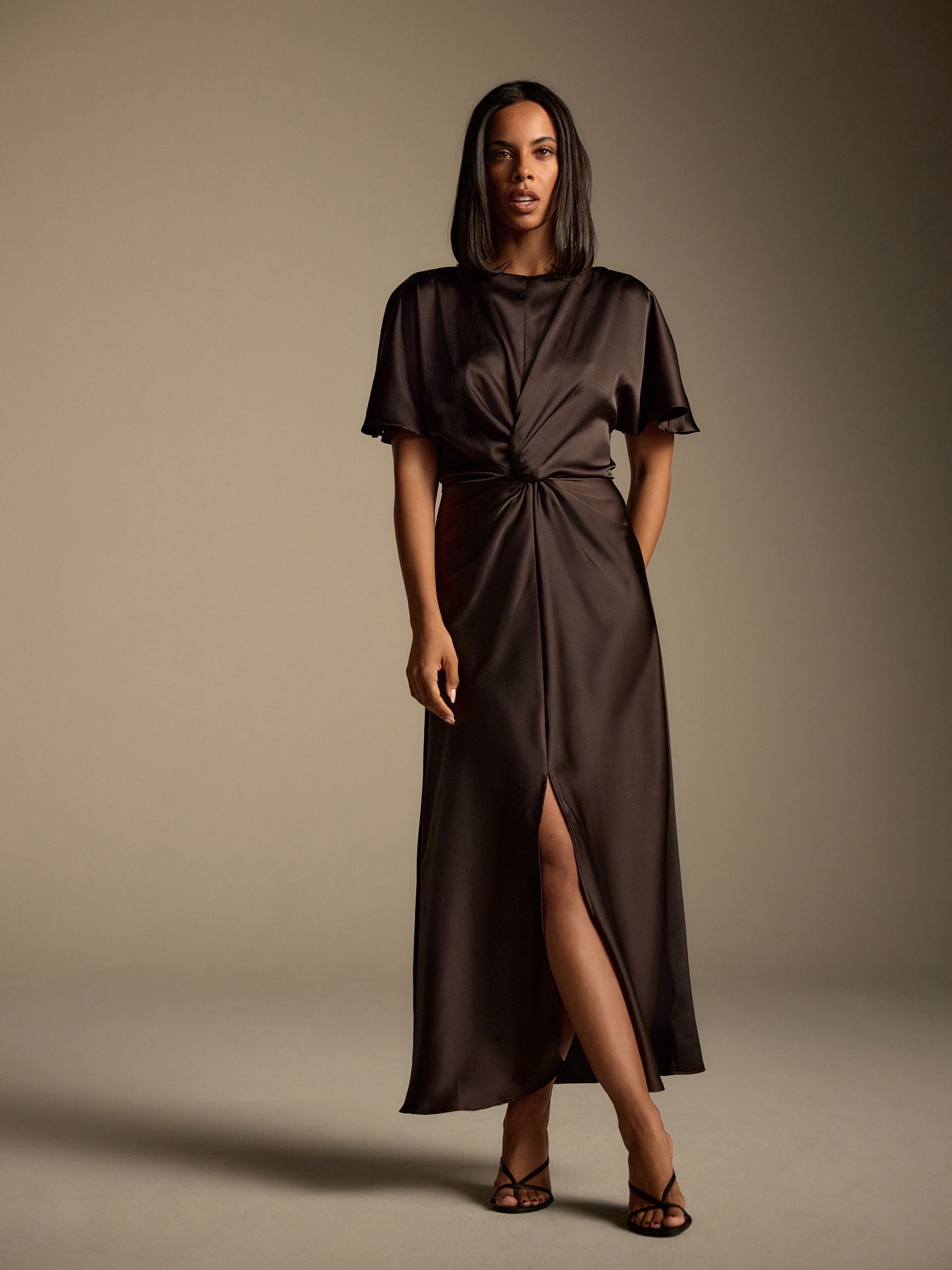 Buy Chocolate Brown Textured Satin Short Sleeve Midi Dress from Next Israel