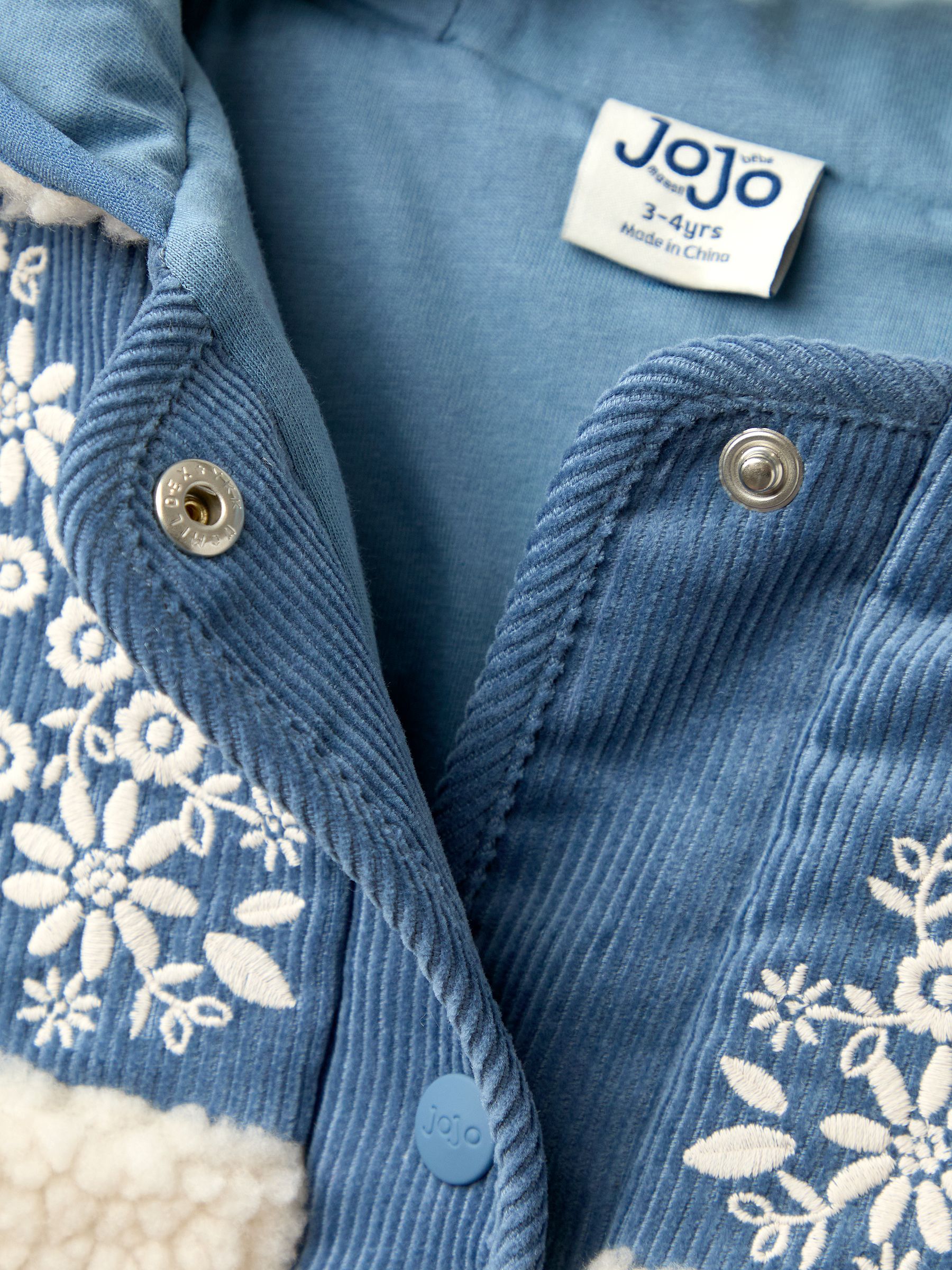 Buy JoJo Maman Bébé Blue Embroidered Popper Through Borg Fleece Jacket ...