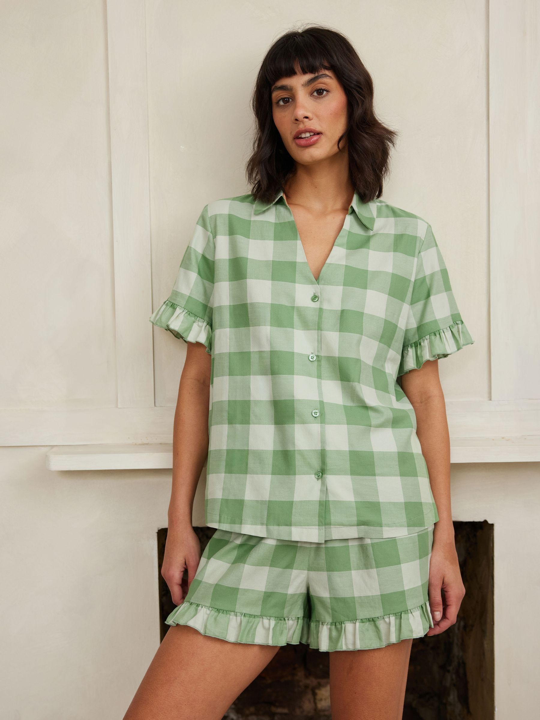 Buy Chelsea Peers Green Cotton Gingham Frill Short Pyjamas Set from the ...