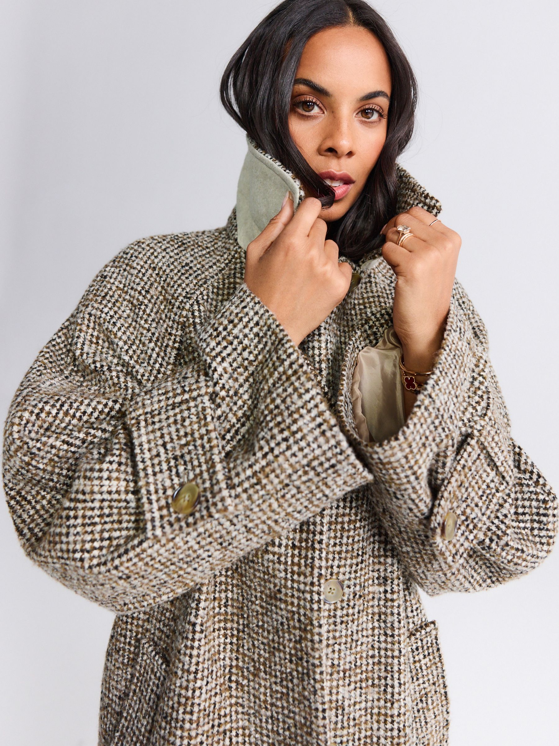 Buy Neutral Houndstooth Single Breasted Longline Collared Coat from the ...