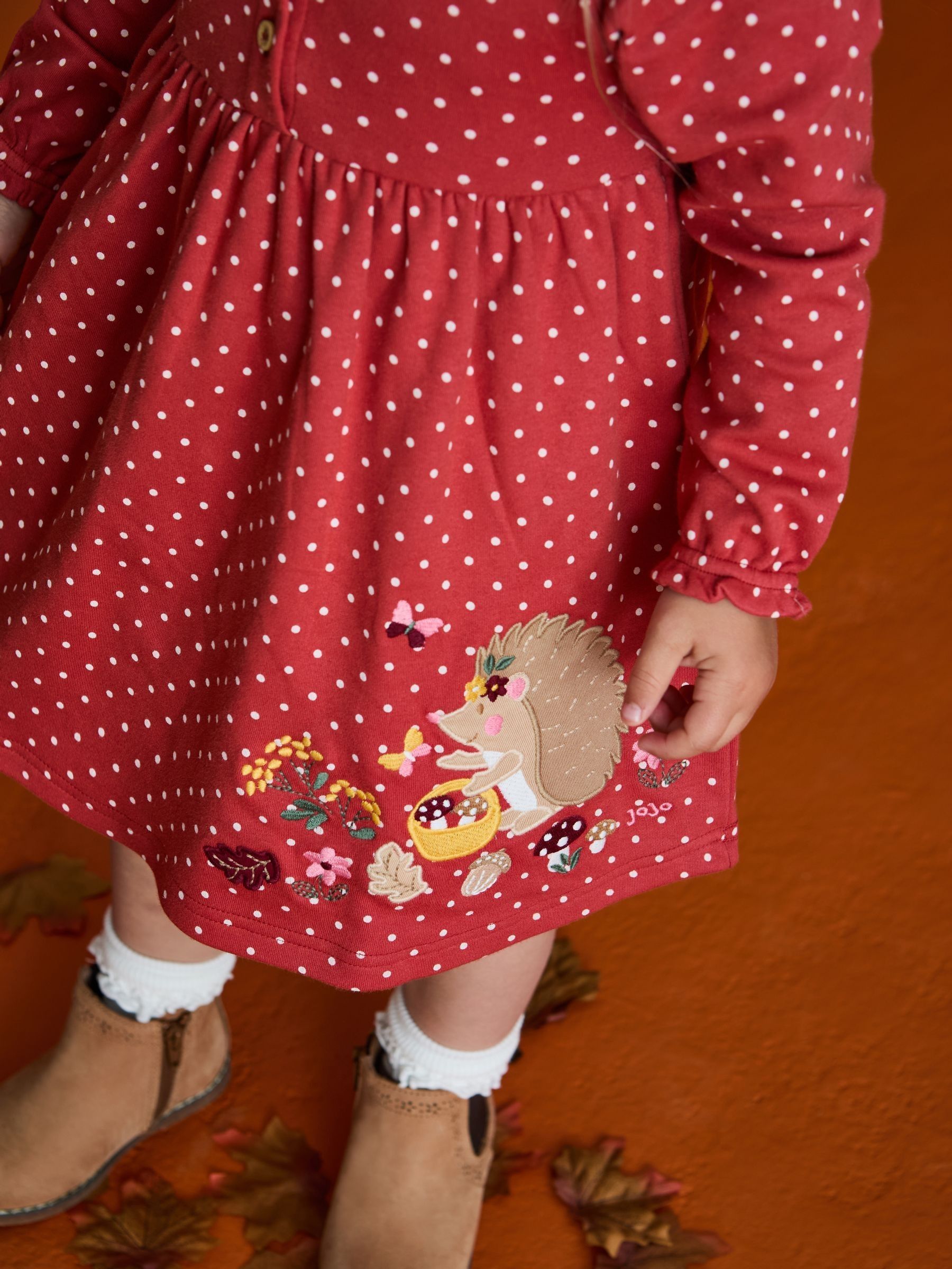Buy JoJo Maman Bébé Rust Orange Hedgehog Frill Collar Appliqué Dress from the Next UK online shop