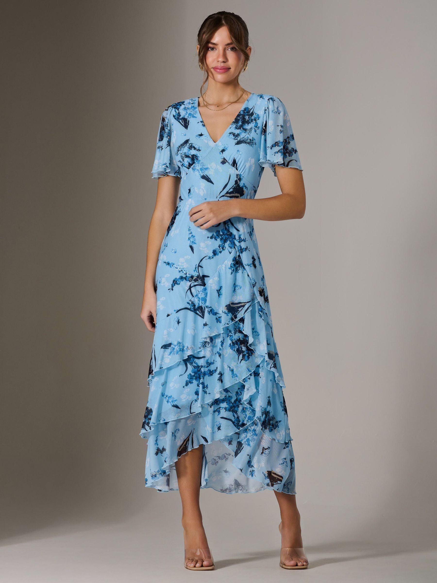 Buy Jolie Moi Blue Mesh Print Frill Hem Midaxi Dress from Next Australia