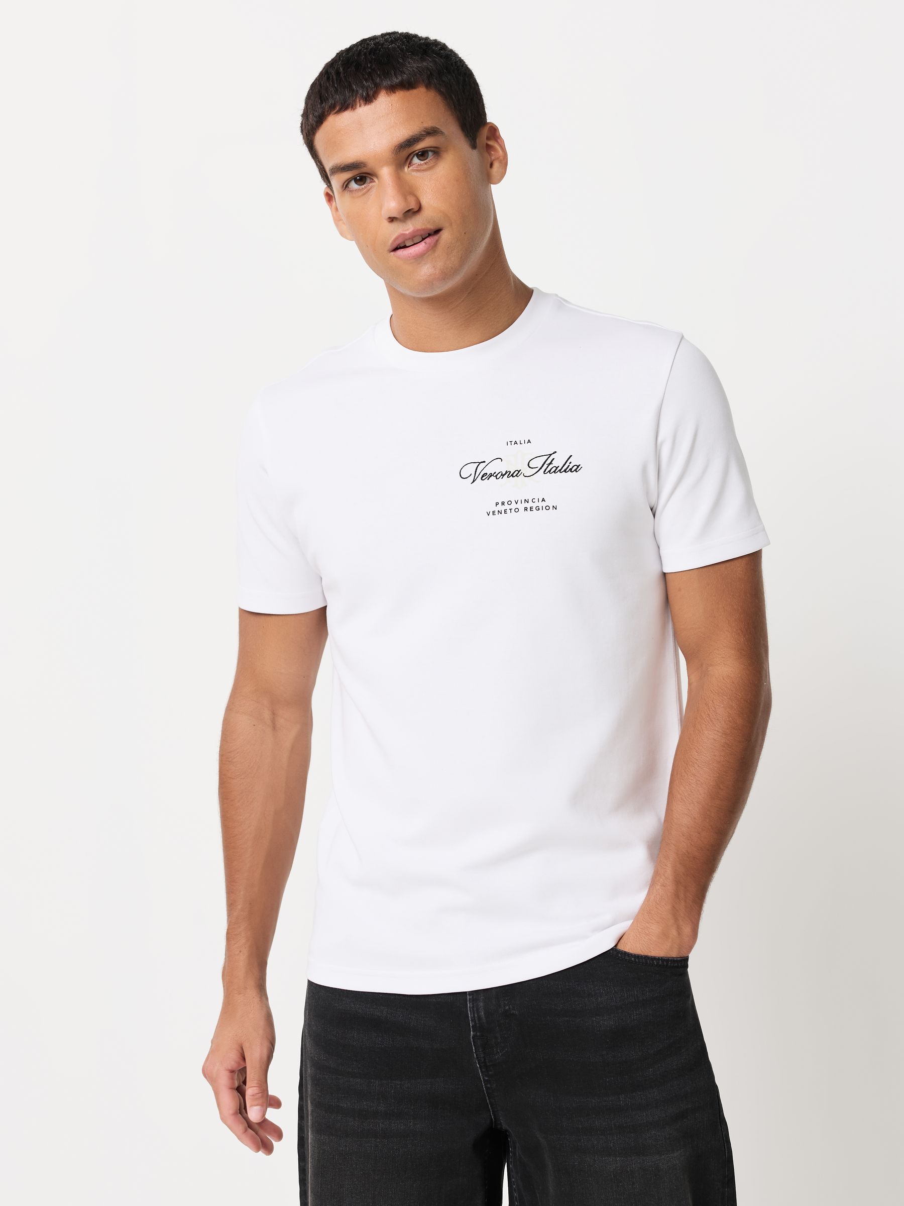 Buy Black/White/Grey Embroidered Slim Fit Graphic Print T-Shirts 3 Pack ...