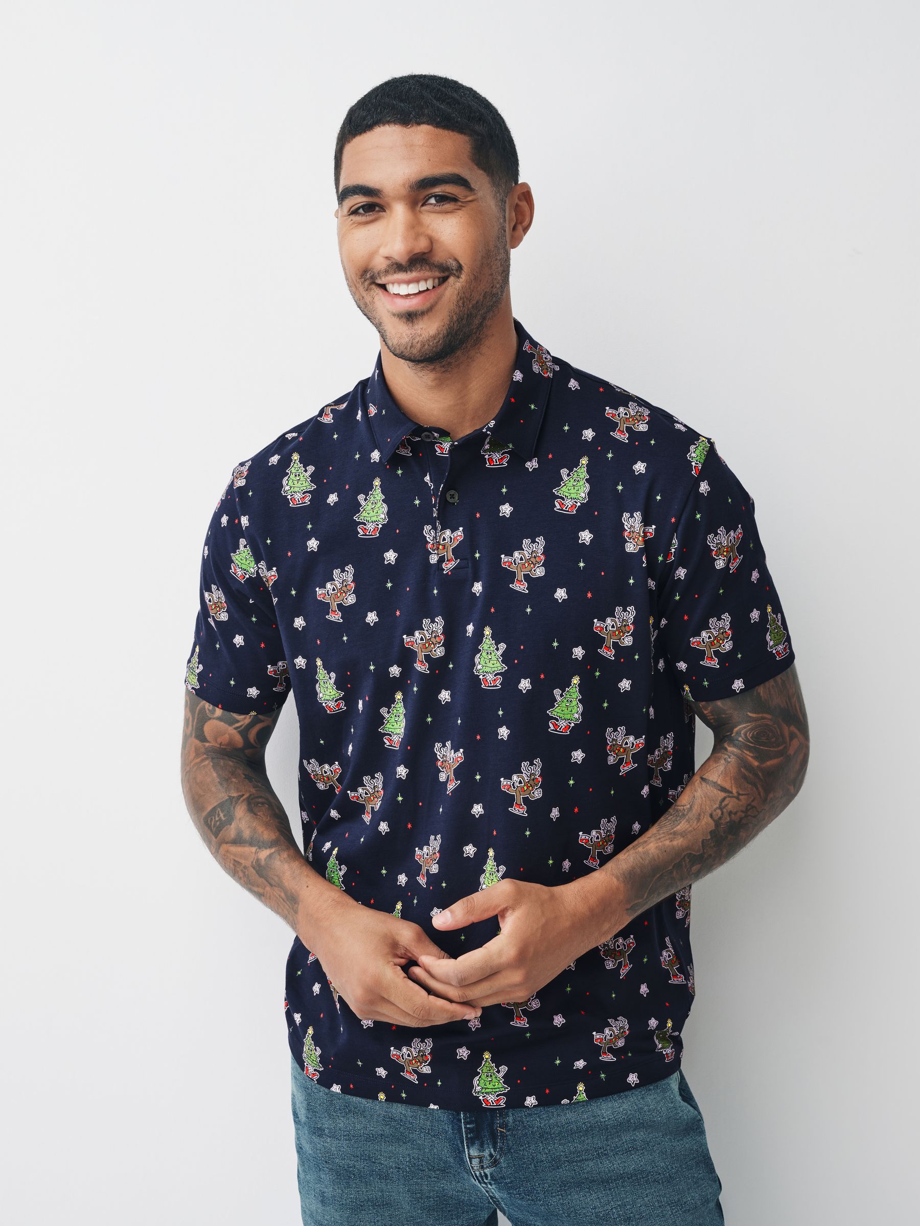 Buy Navy Blue Reindeer Christmas Polo Shirt from the Next UK online shop