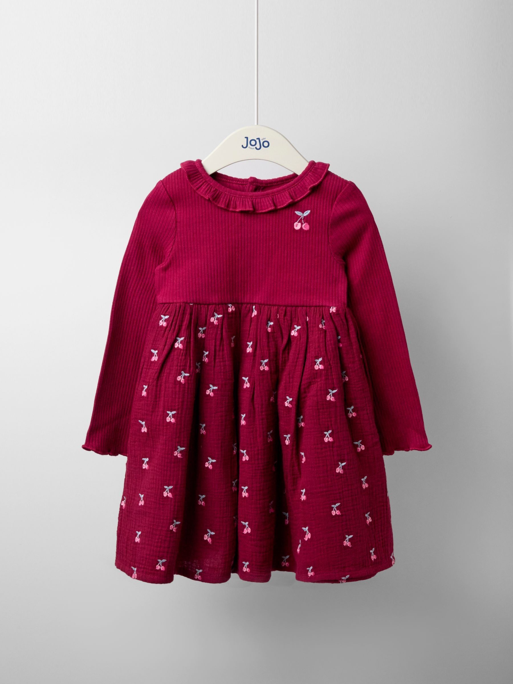 Buy JoJo Maman Bébé Berry Pink Cherry Embroidered Rib Cheesecloth Dress ...