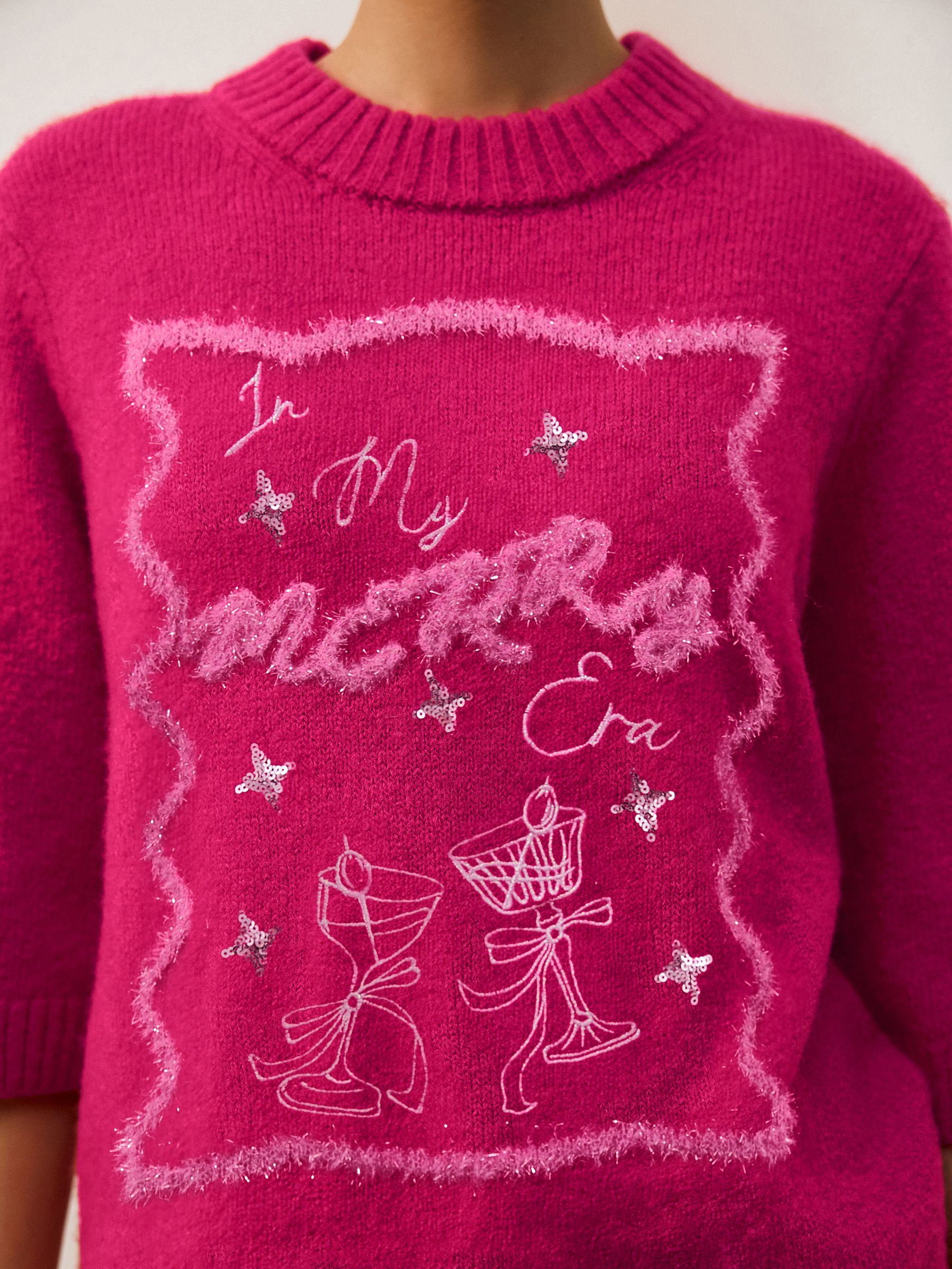 Buy Bright Pink Embroidered Merry Era Sequin Tinsel Graphic Short ...