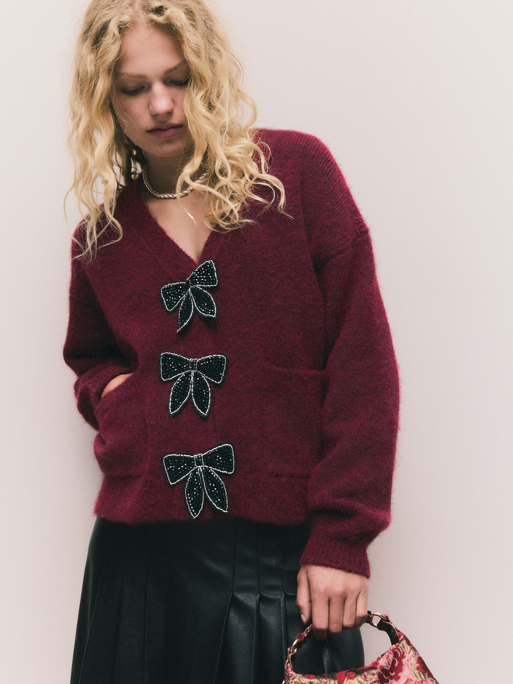 Buy Burgundy Red Bow Button Pocket Cardigan from Next United Arab Emirates