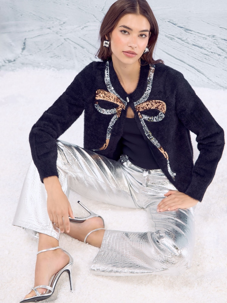 Buy Black Sequin Bow - Lipsy Christmas Short Sleeve Buttoned Knitted ...