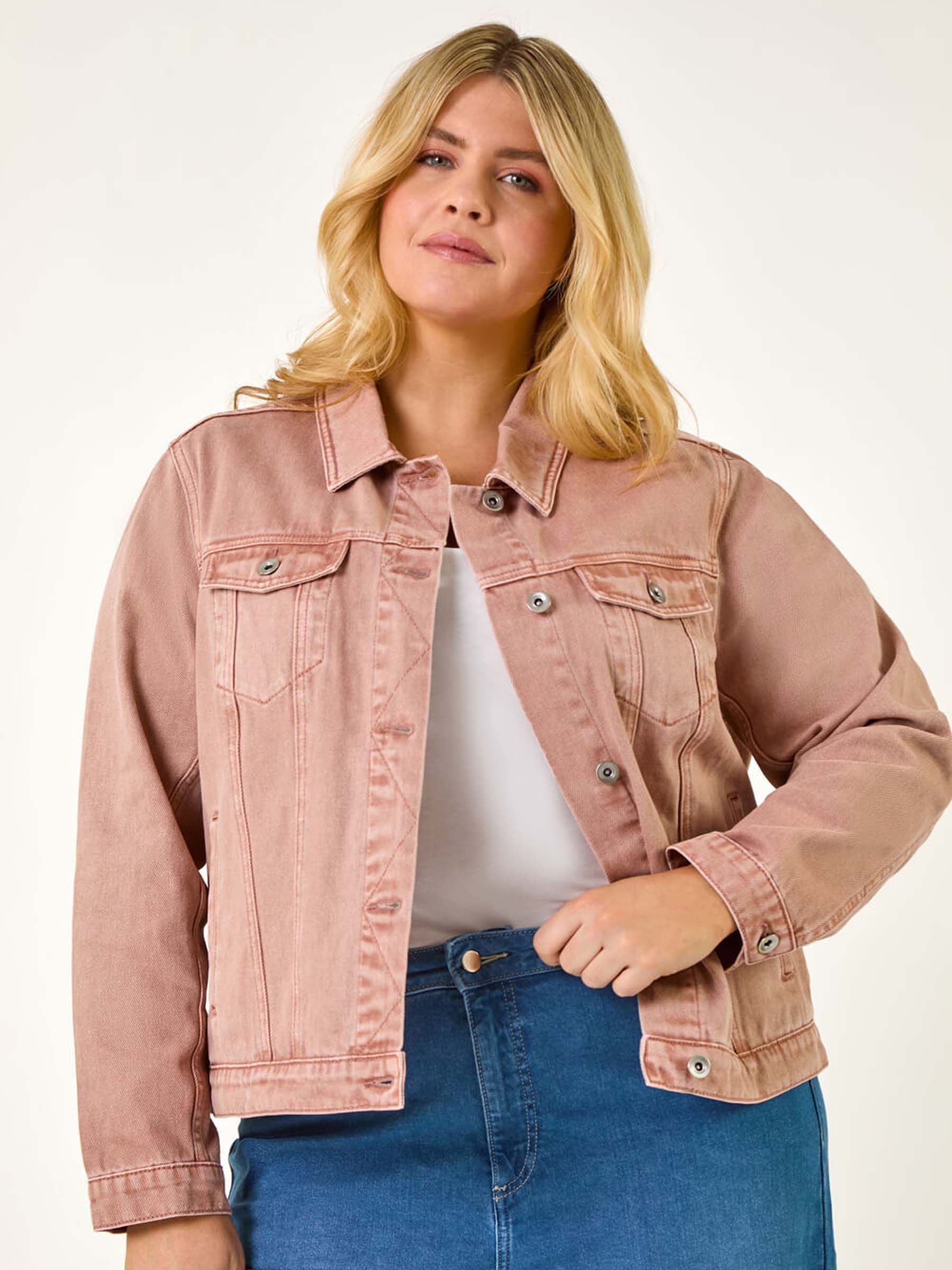 Buy Roman Pink 100% Cotton Curve Mid Wash Denim Jacket from the Next UK ...
