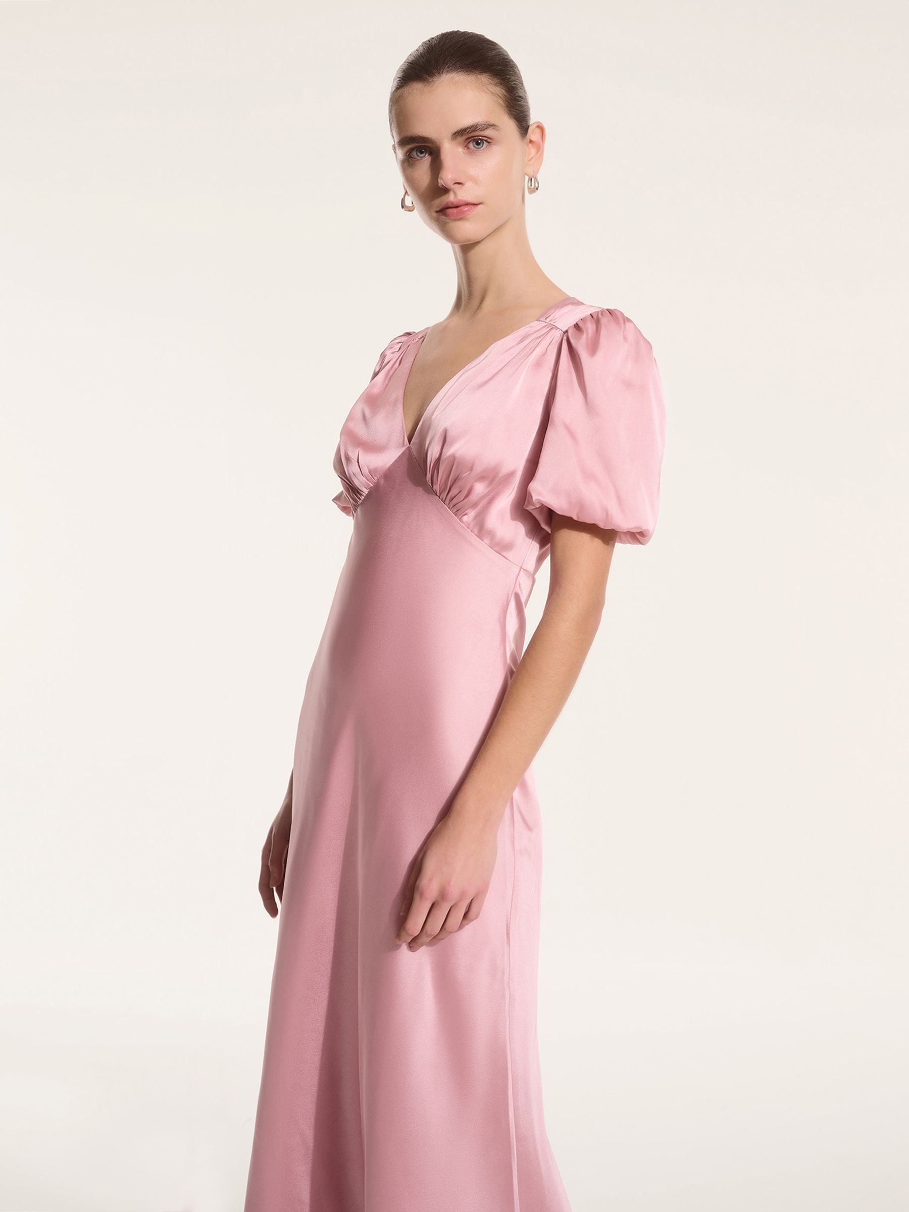 Buy Omnes light pink Rosie Ruched Puff Sleeve Dress from the Next UK ...
