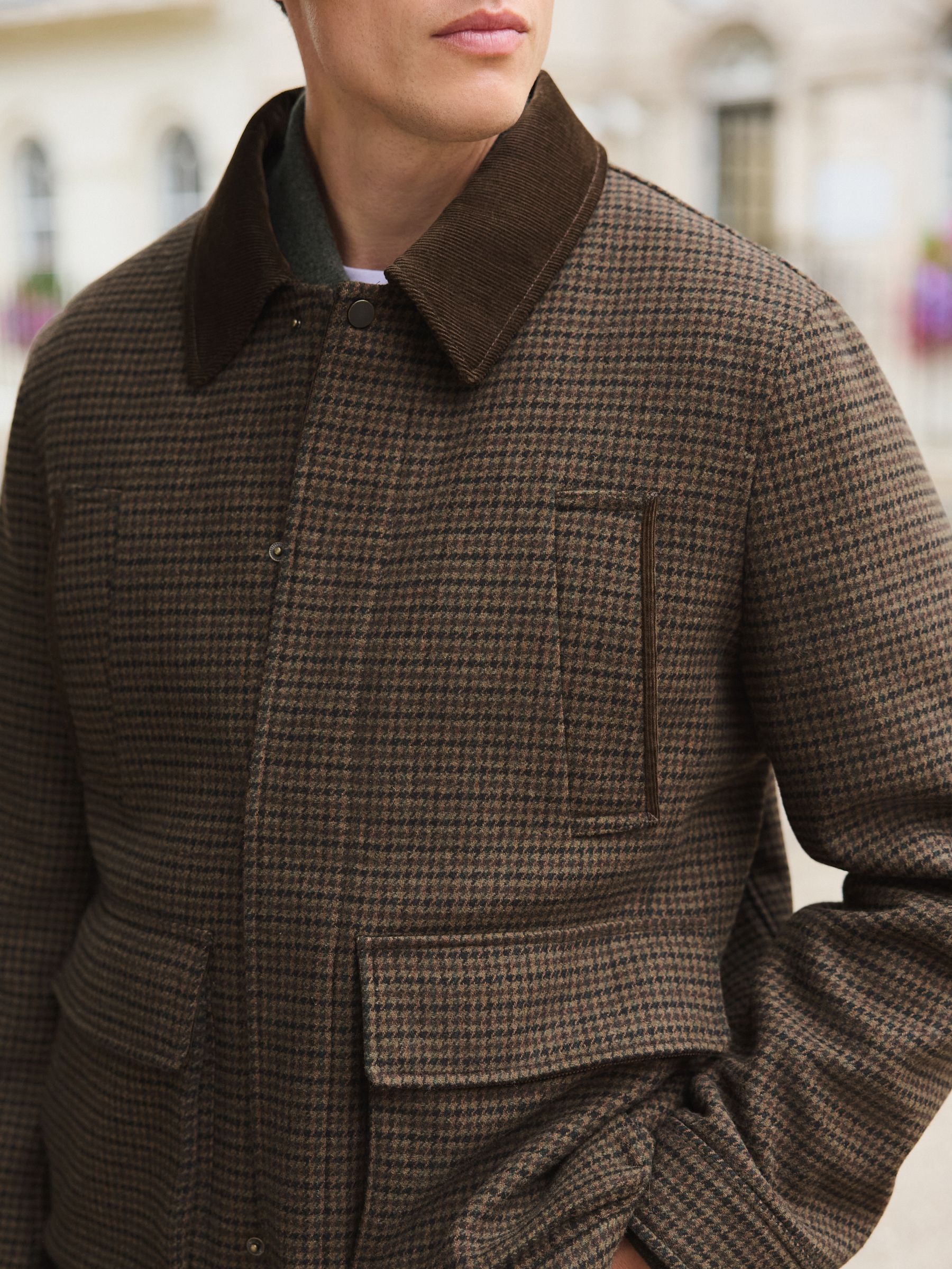 Buy Brown Dogtooth Quilted Corduroy Collar Jacket with Wool from the ...
