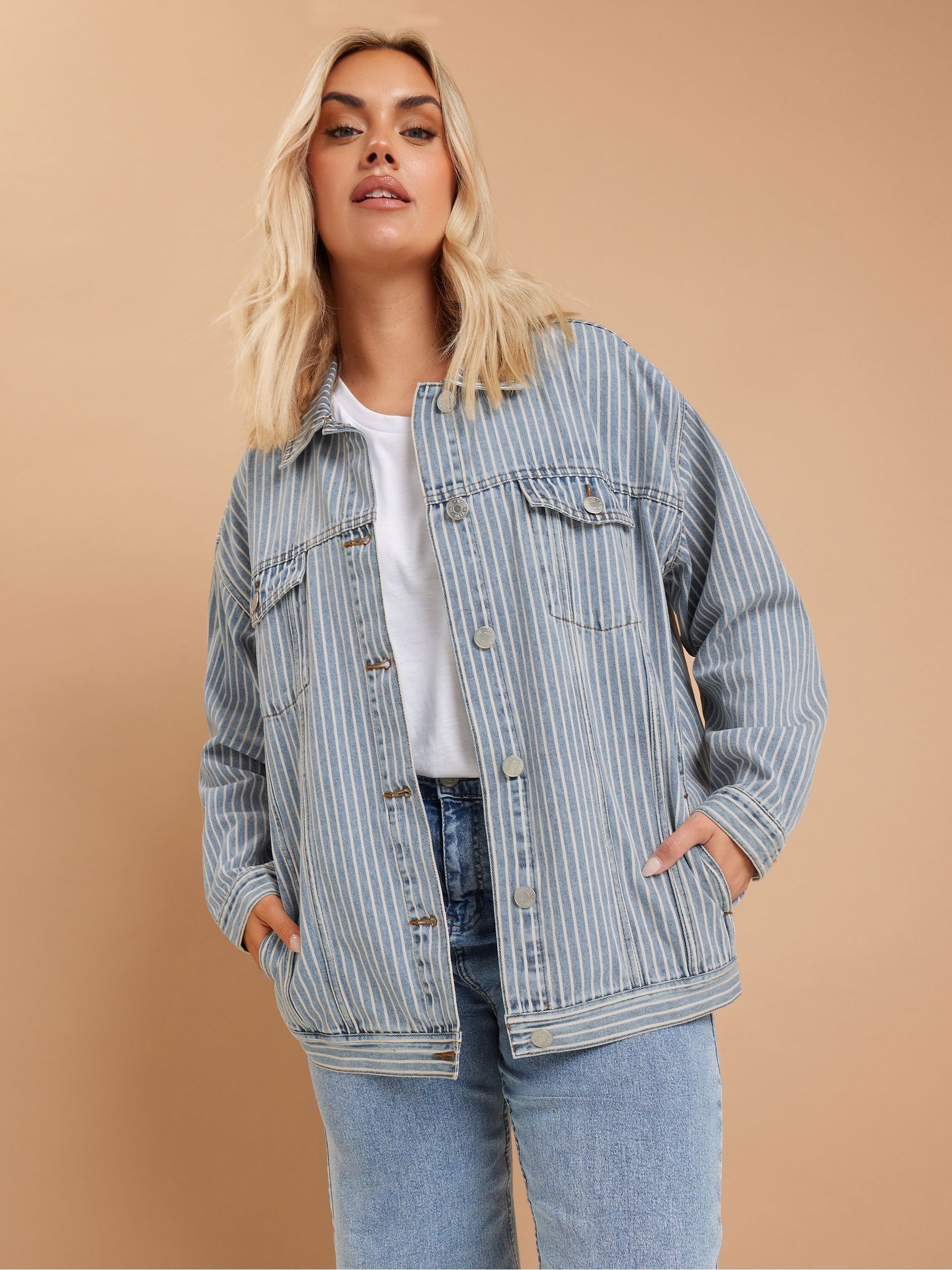 Buy Yours Curve Blue Oversized 100% Cotton Pinstripe Denim Jacket from ...