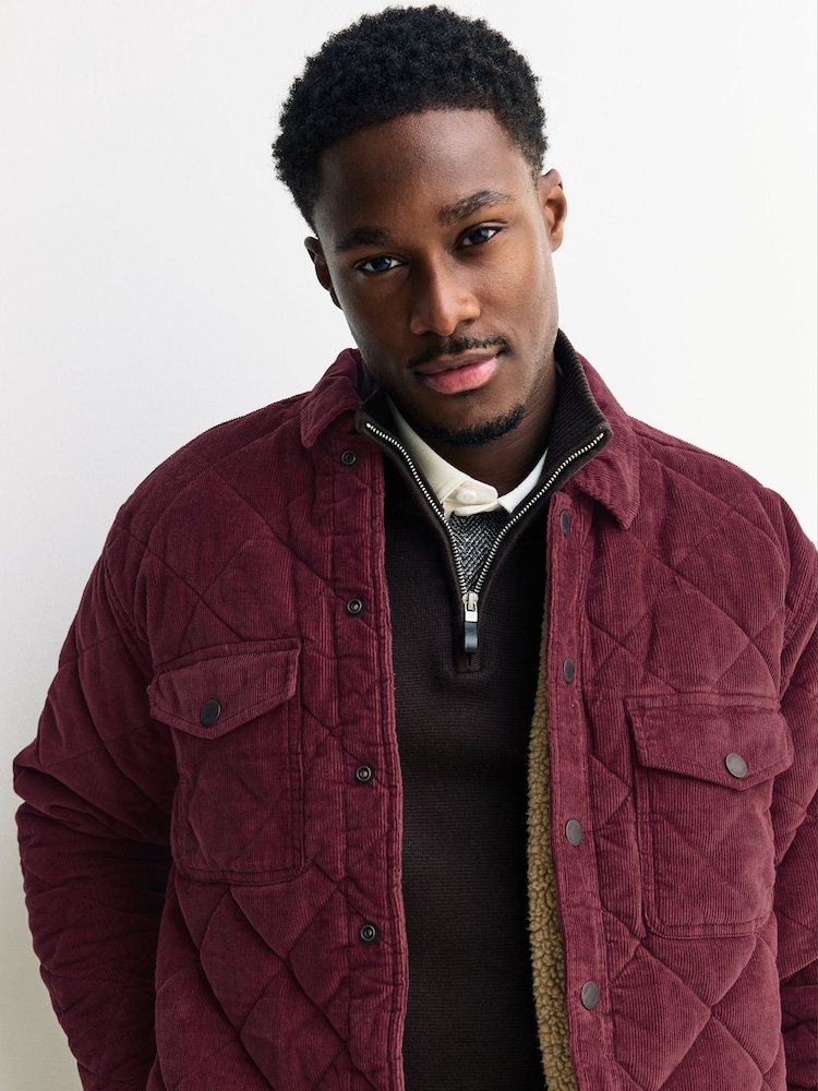 Buy Burgundy Red Borg Lined Diamond Quilt Corduroy Shacket from Next ...