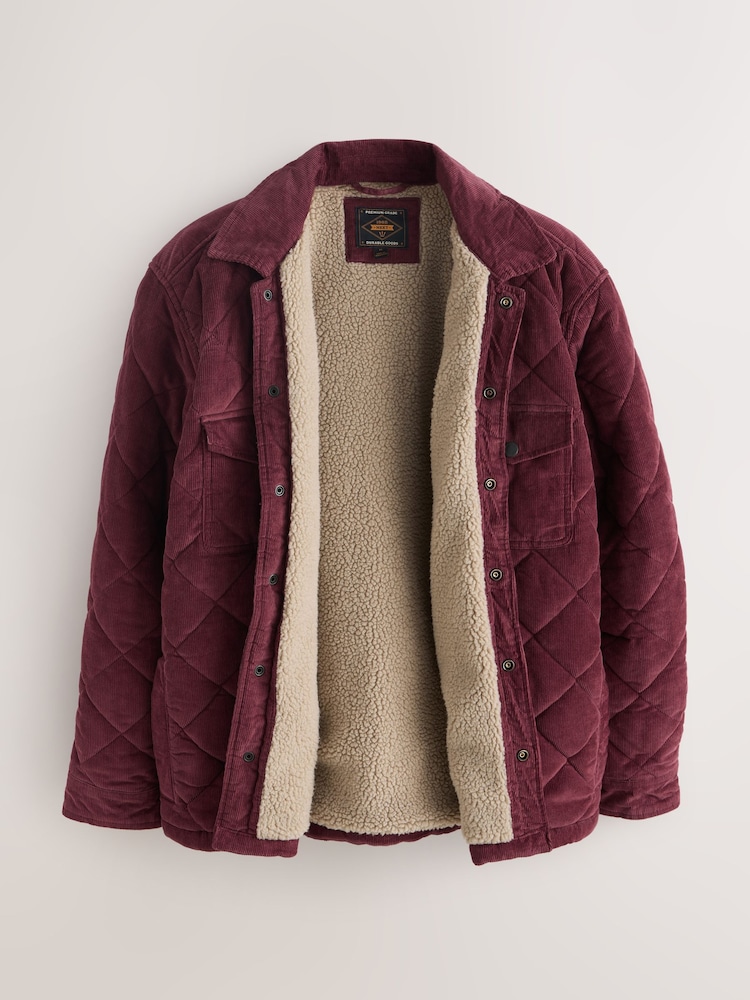 Buy Burgundy Red Borg Lined Diamond Quilt Corduroy Shacket from Next ...