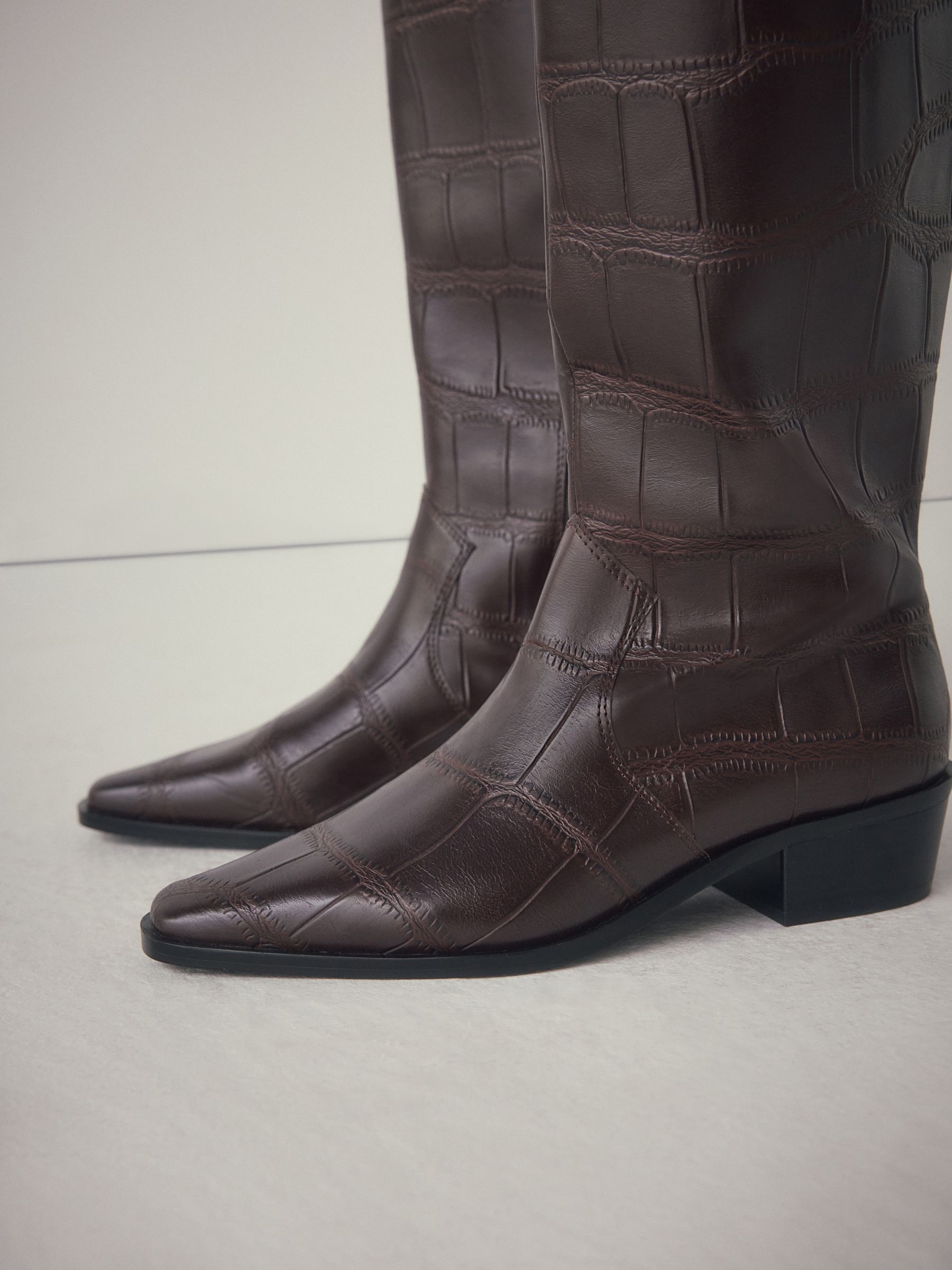 Buy Chocolate Brown Croc Embossed Forever Comfort® Chisel Toe Knee High ...