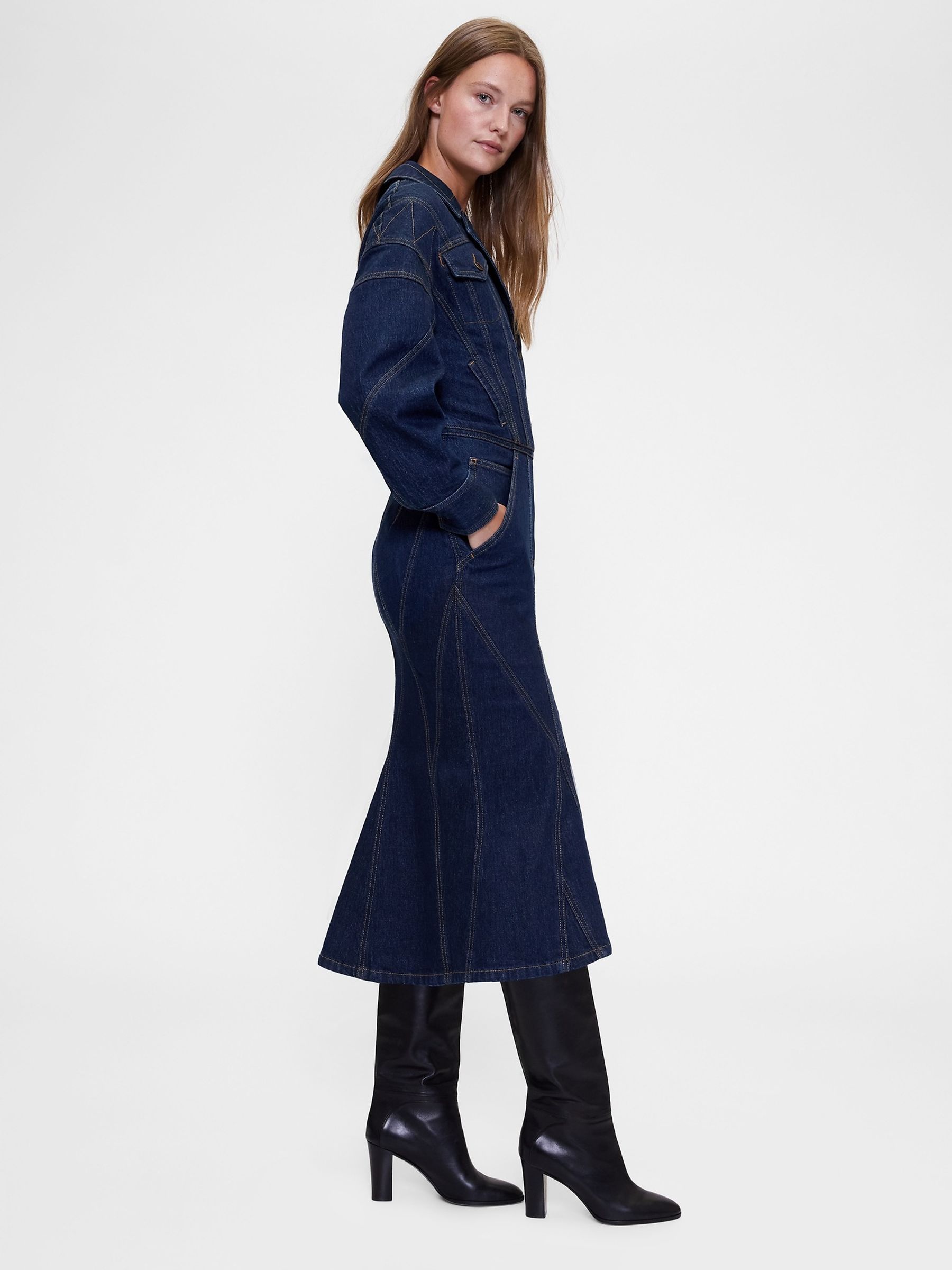 Buy GapStudio Dark Wash Blue Seamed Denim Midi Shirt Dress from the ...