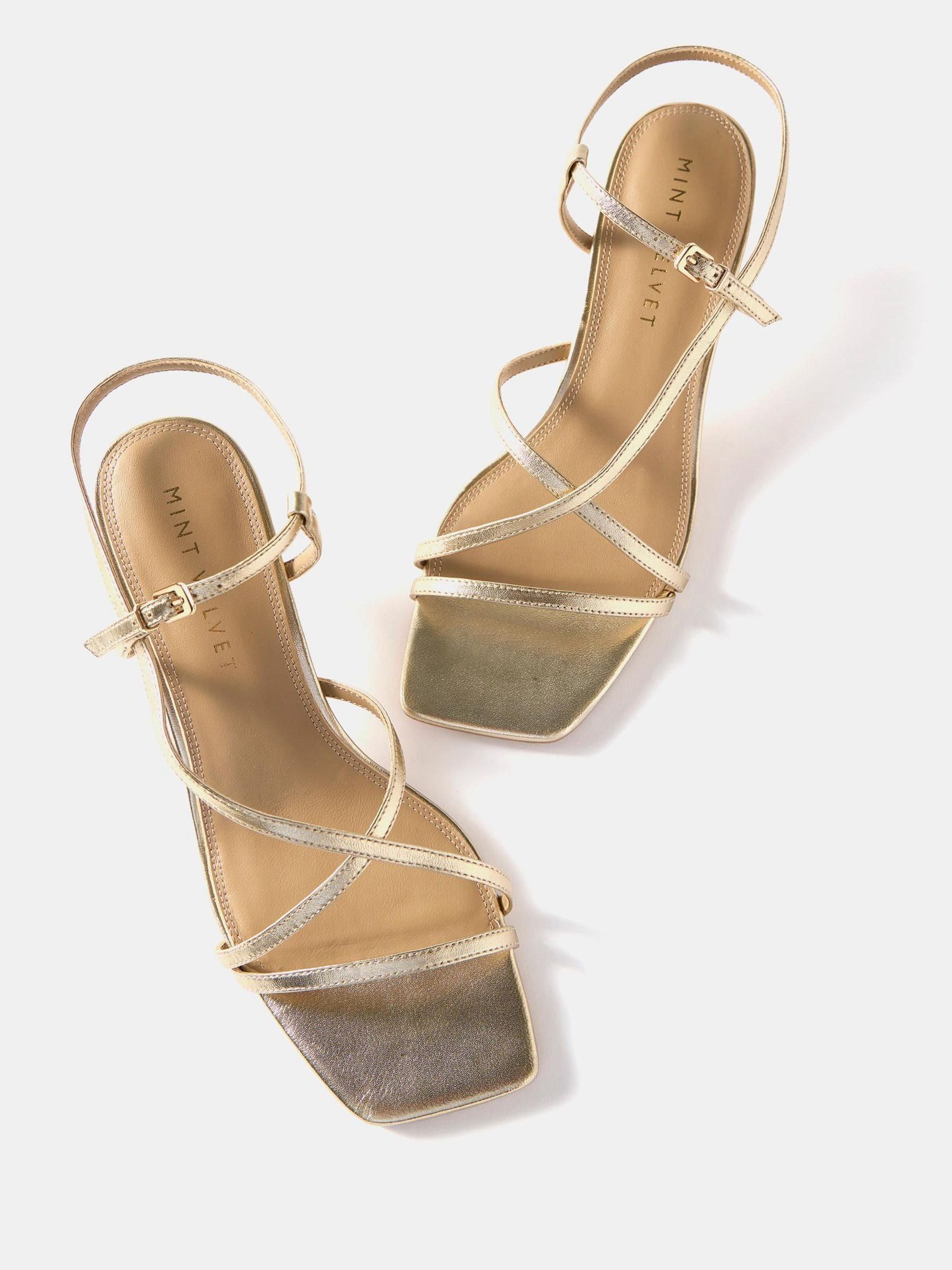Buy Mint Velvet Gold Eli 58 Leather Strappy Kitten Heels from Next ...