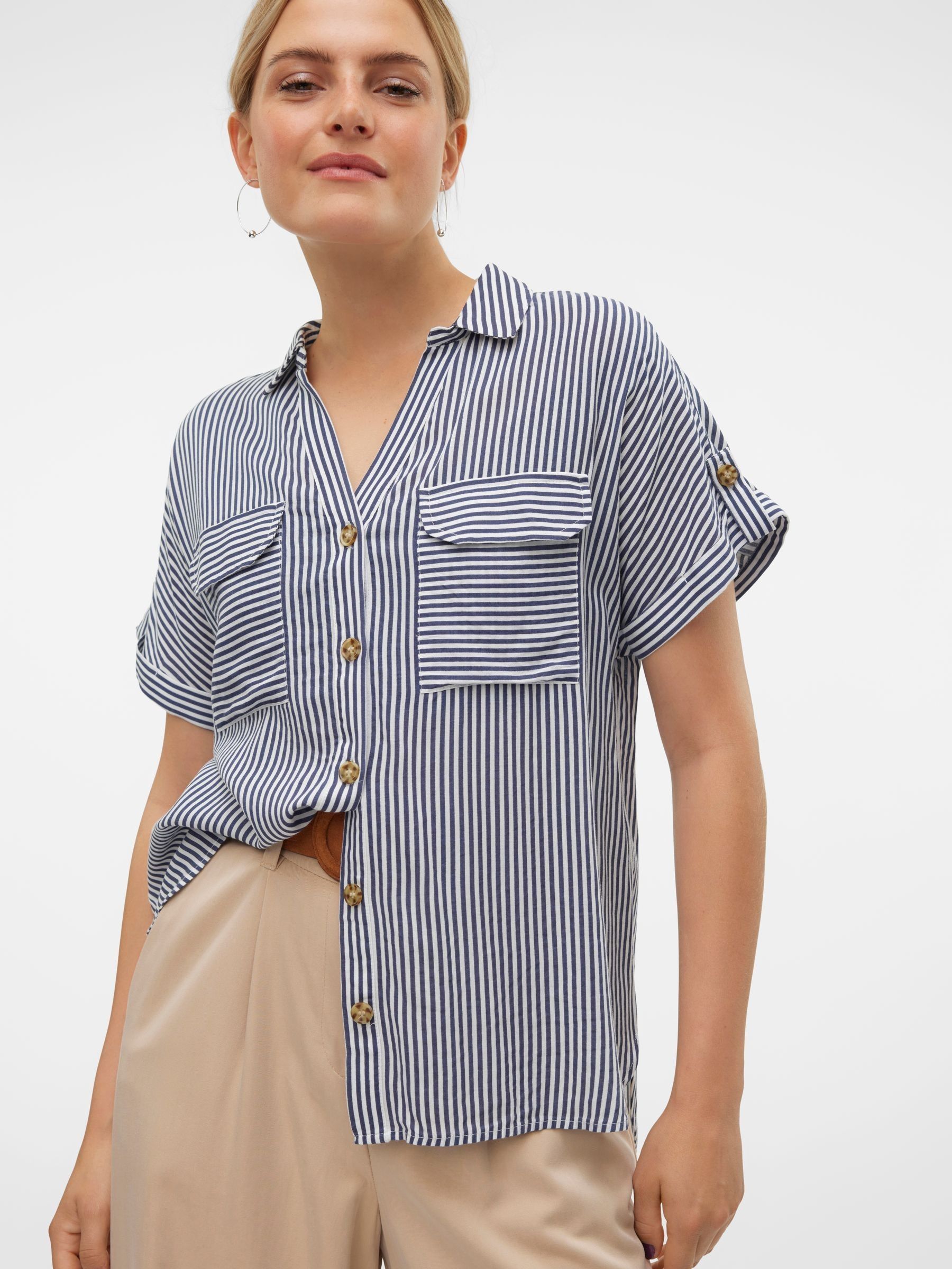 Buy VERO MODA Black & White Short Sleeve Button Through Open Neck Shirt ...