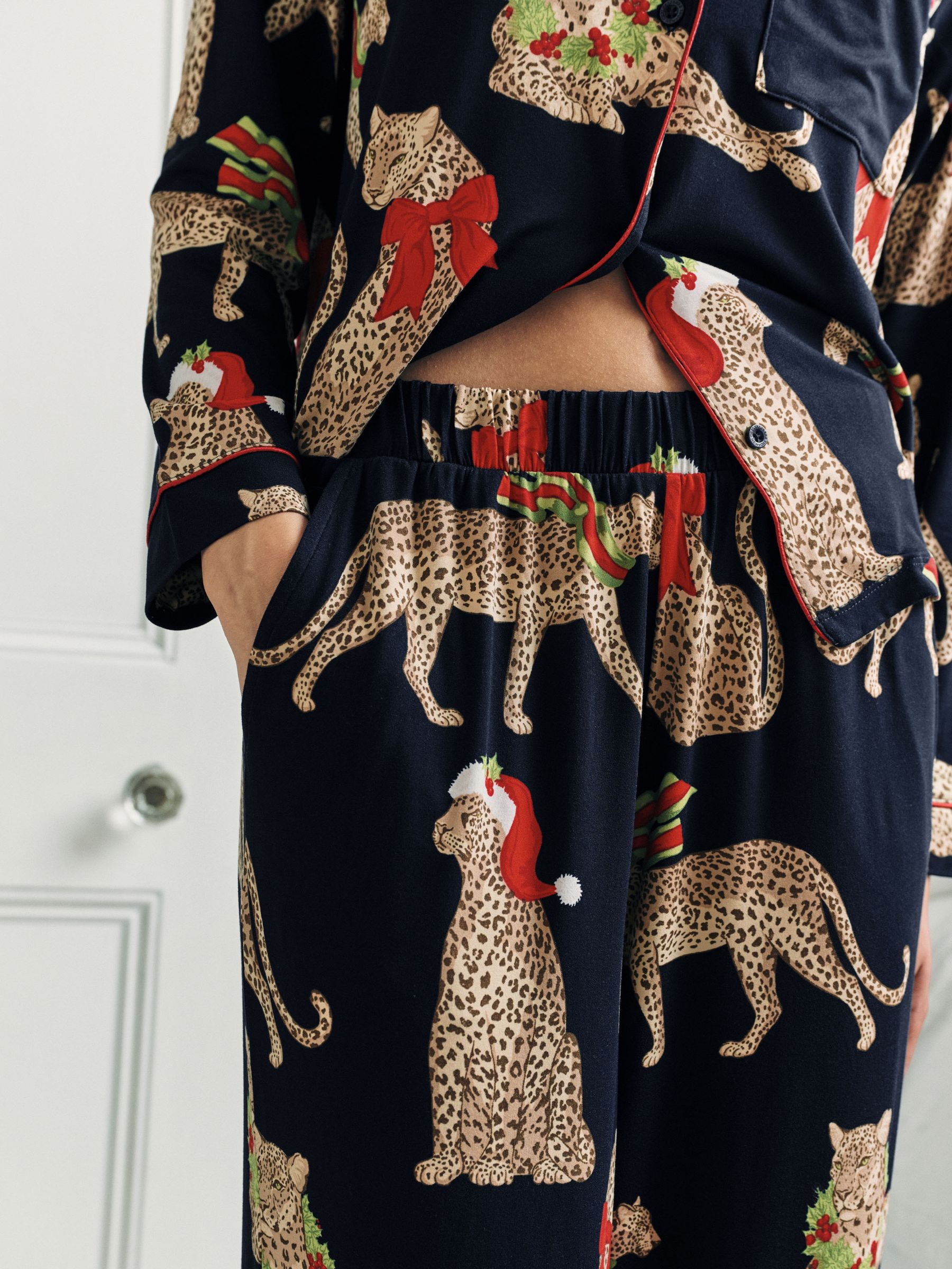 Buy Chelsea Peers Blue Christmas Leopard Print Long Pyjamas Set from ...