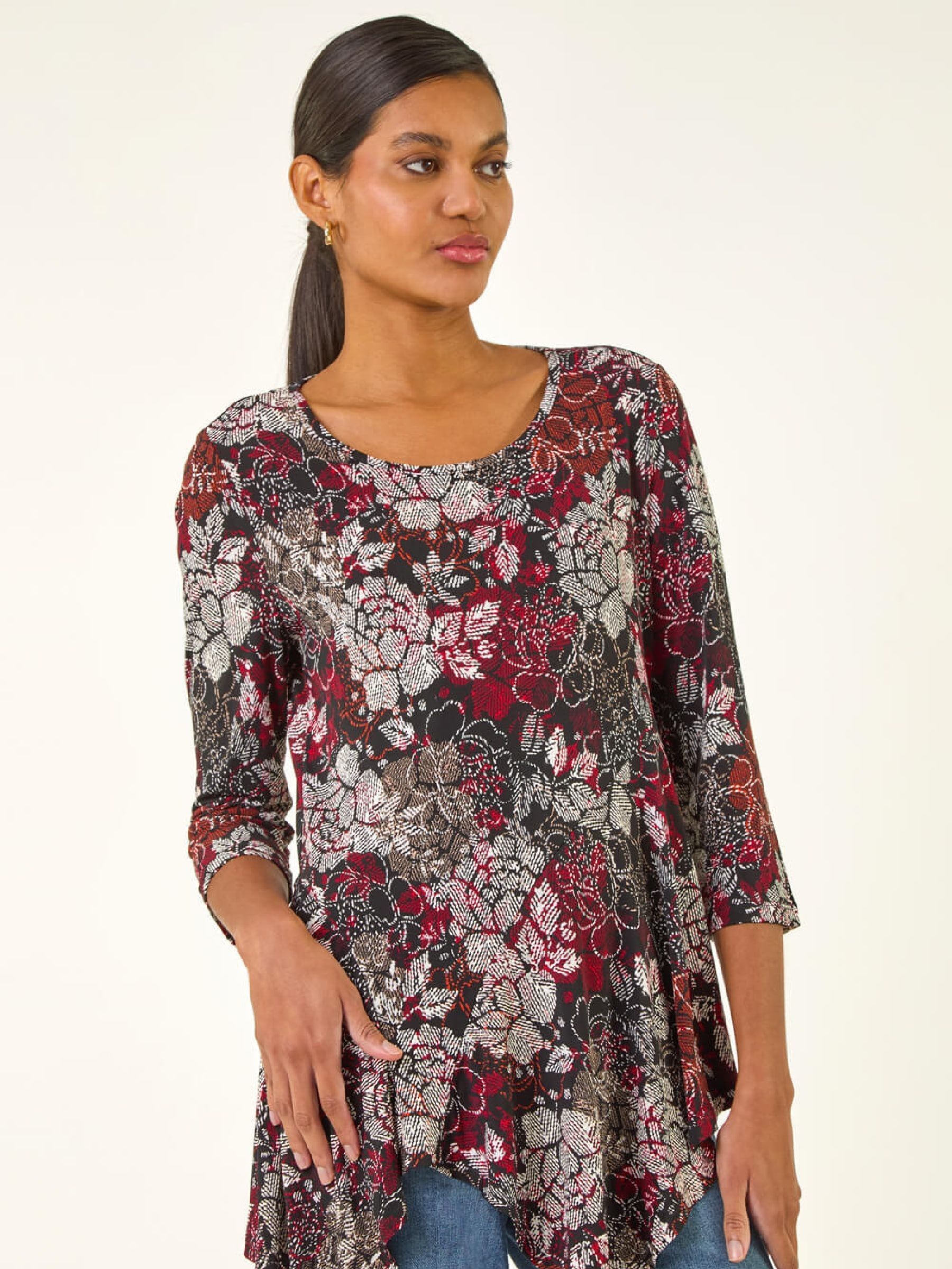 Buy Roman Red Floral Puff Print Hanky Hem Tunic Top from Next Ireland