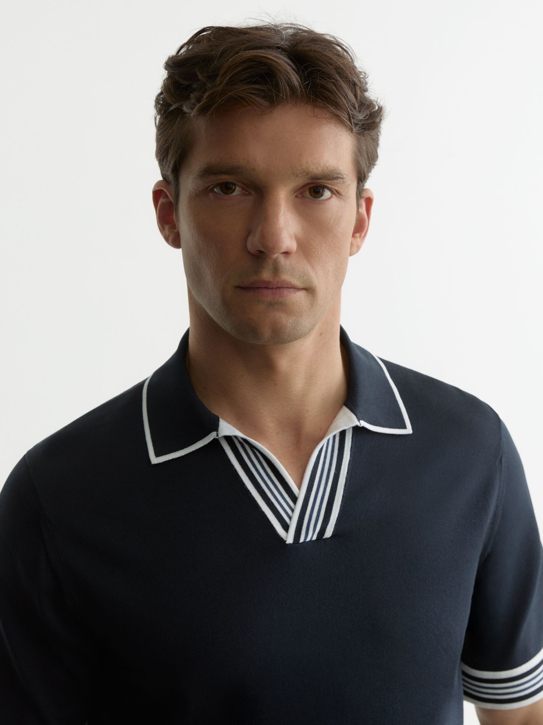 Buy Reiss Navy Poole Tipped Open-Collar Knitted Polo Shirt from the ...