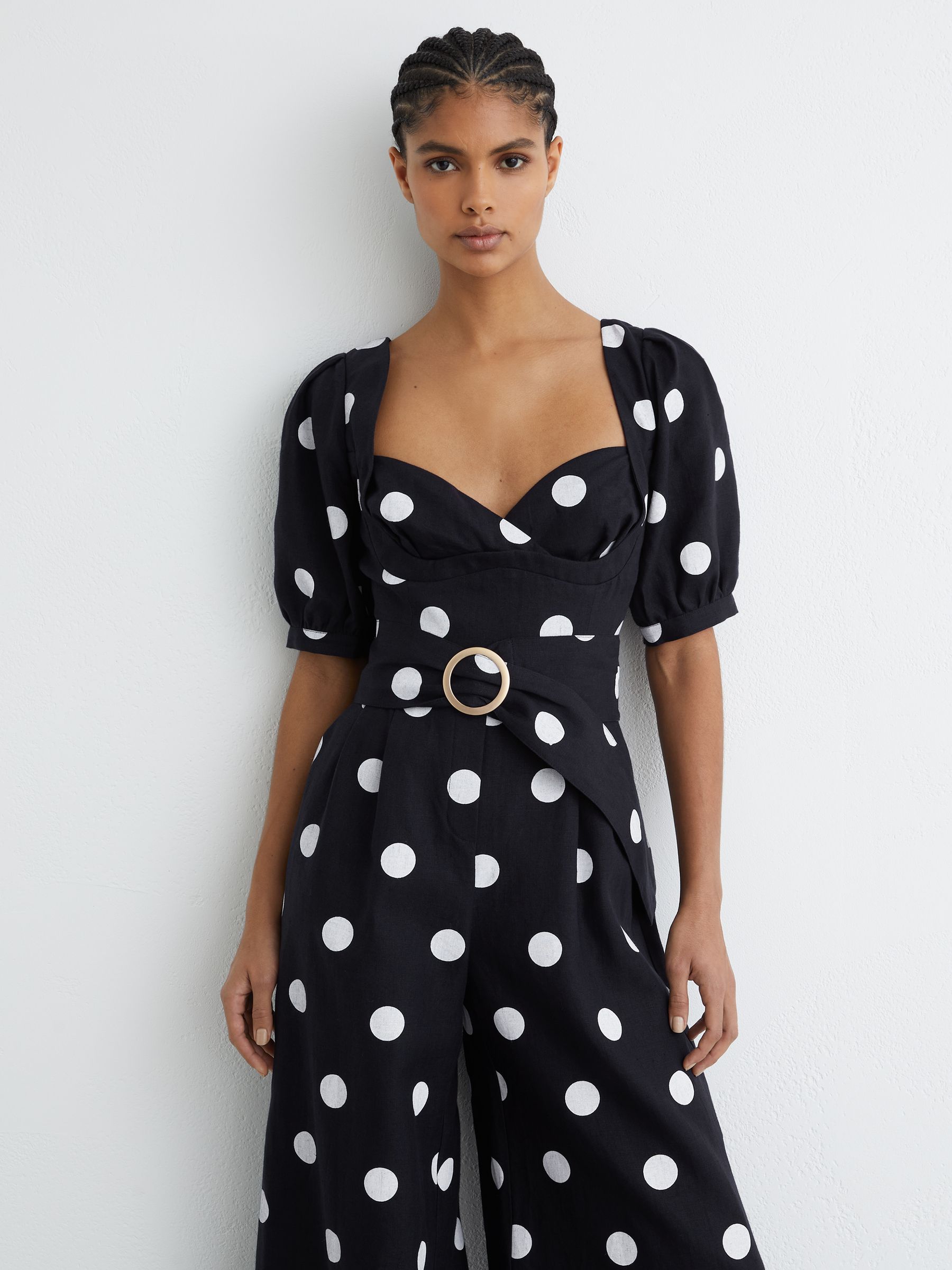 Buy Reiss Navy/Ivory Brook Linen Polka-Dot Wide-Leg Jumpsuit from the ...