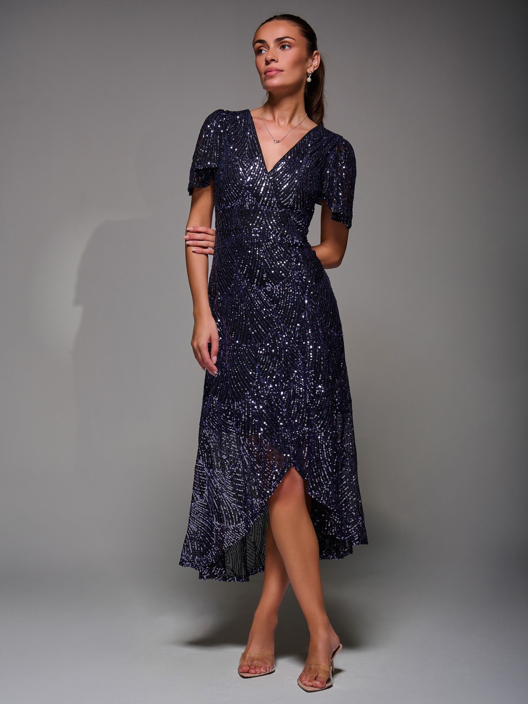Buy Jolie Moi Black Chrome Sequin Angel Sleeve Ruffle Hem Maxi Dress ...