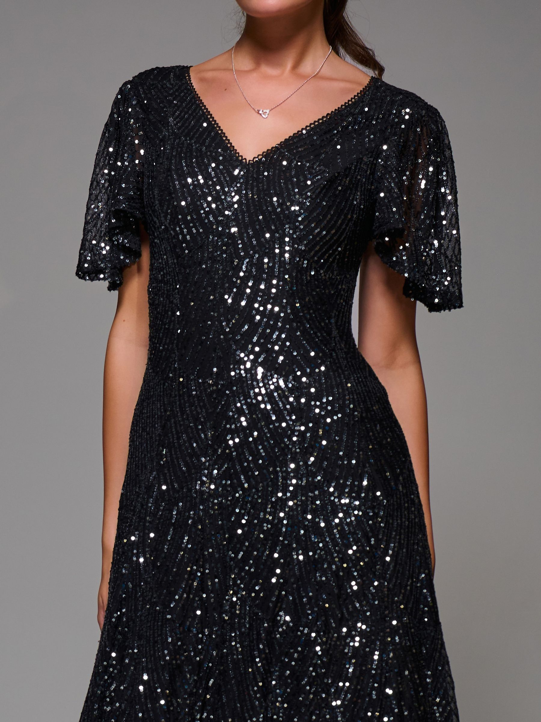 Buy Jolie Moi Black Chrome Sequin Angel Sleeve Fit & Flare Midaxi Dress ...