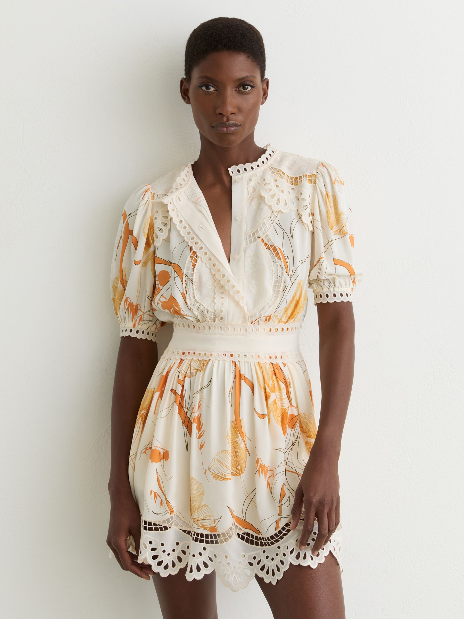 Buy Reiss Ivory/Pink Lacey Floral-Print Lace-Trim Mini Dress from the ...