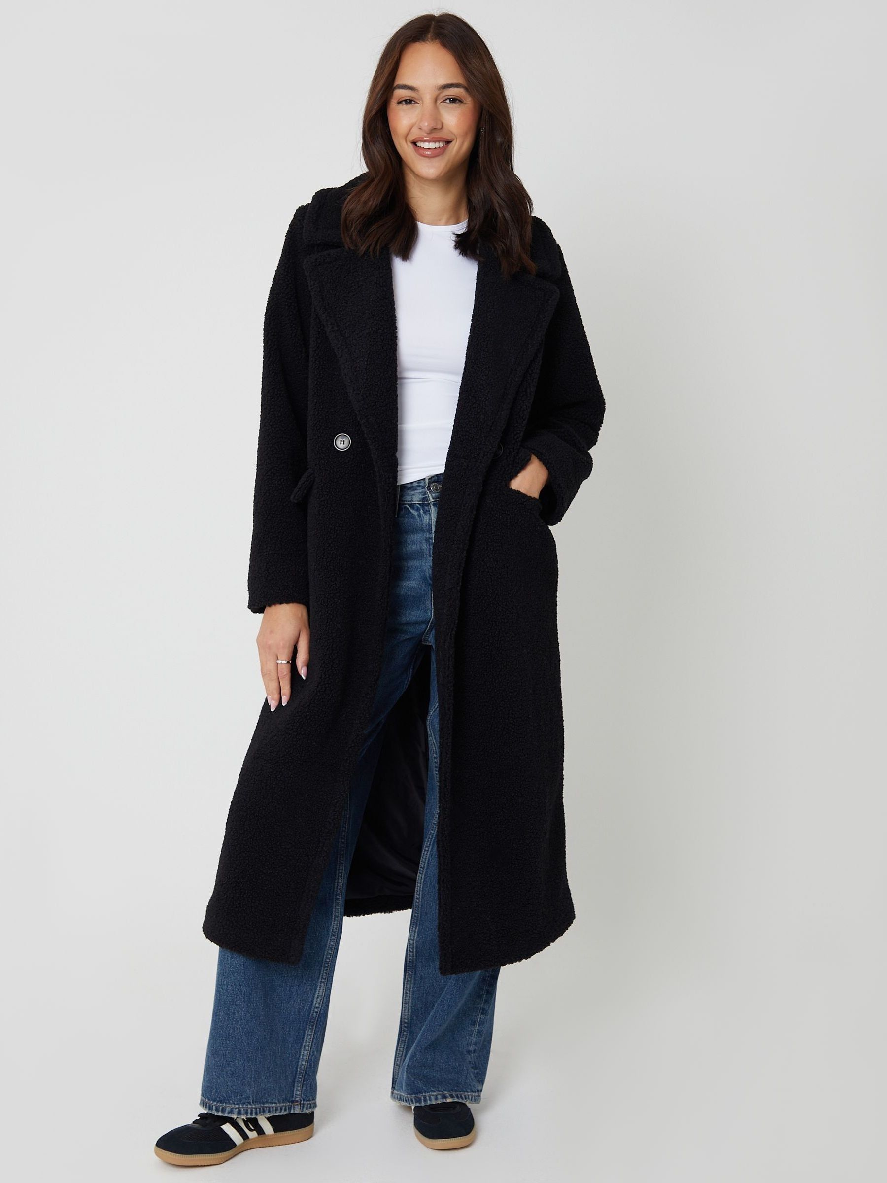 Buy Threadbare Black Longline Double Breasted Borg Coat from the Next ...