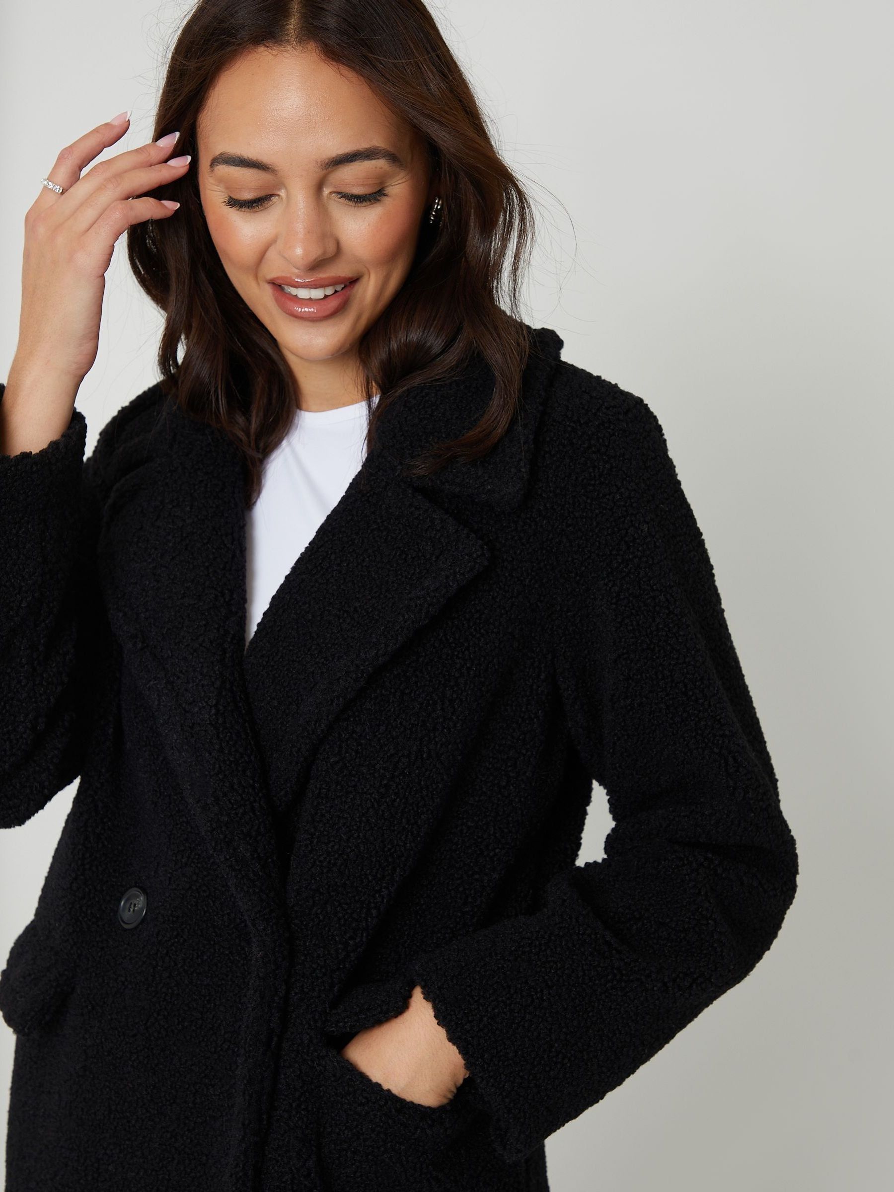 Buy Threadbare Black Longline Double Breasted Borg Coat from the Next ...