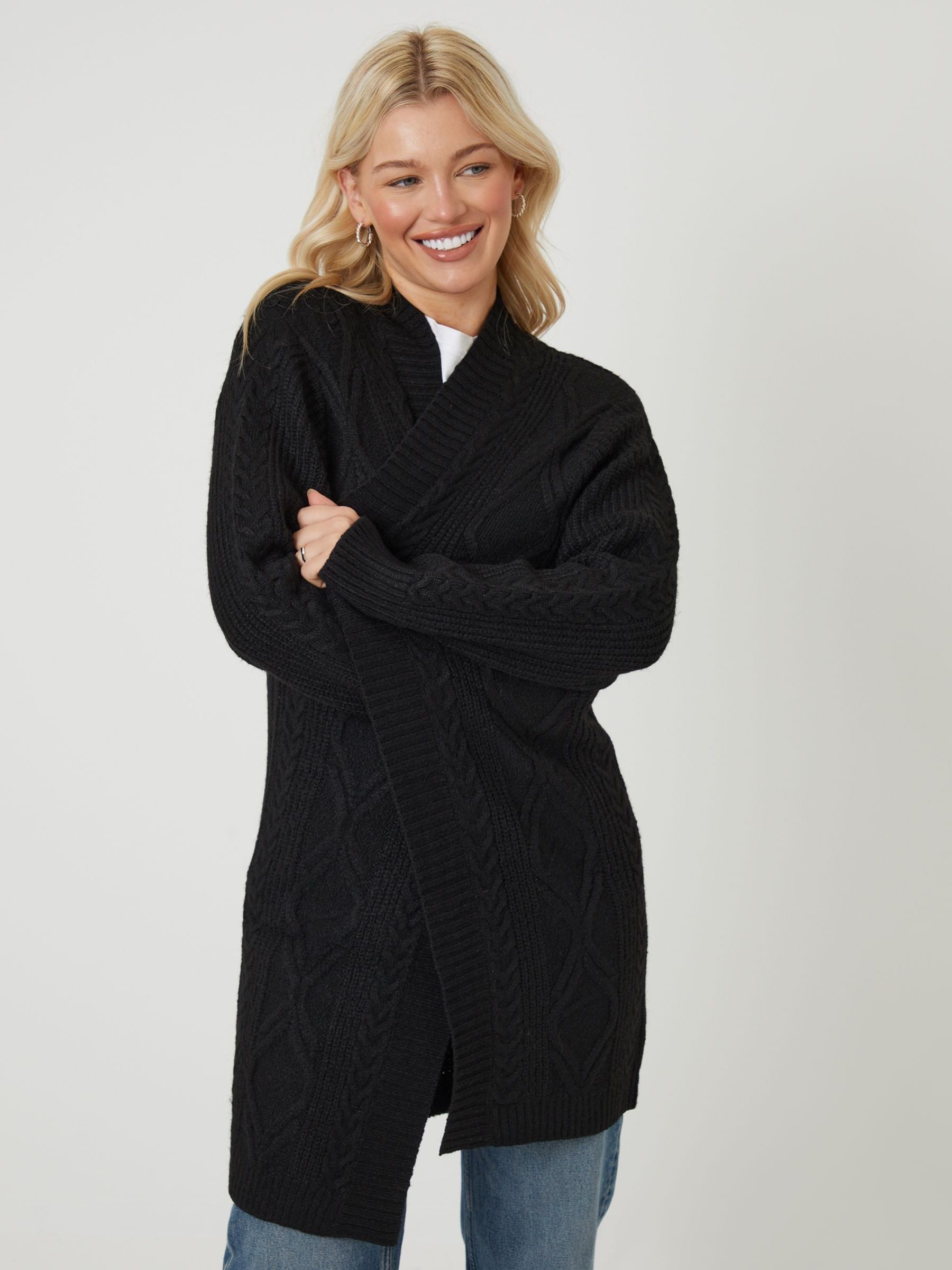 Buy Threadbare Black Cable Knit Detail Longline Cardigan from the Next ...