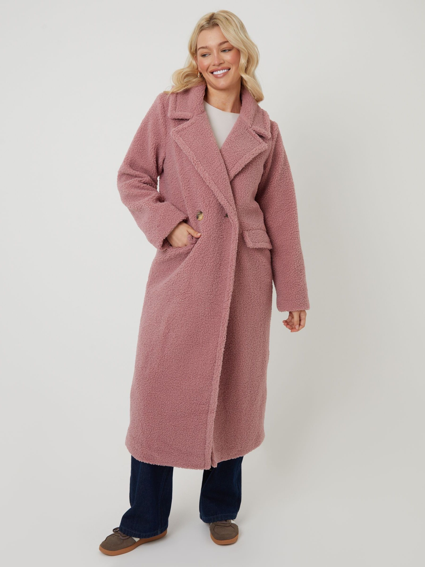 Buy Threadbare Pink Longline Double Breasted Borg Coat from the Next UK ...