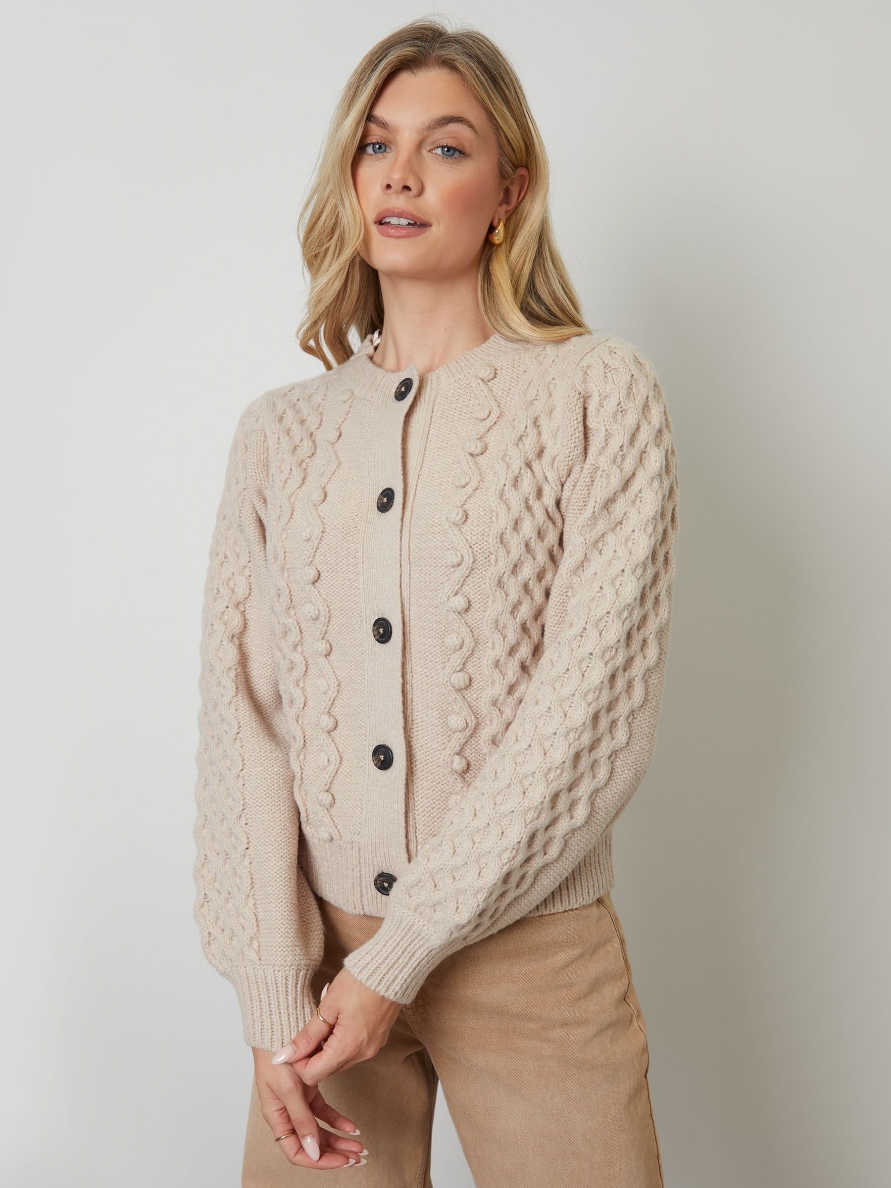 Buy Another Sunday Cream Bobble Cable Knit Button Up Cardigan from the ...