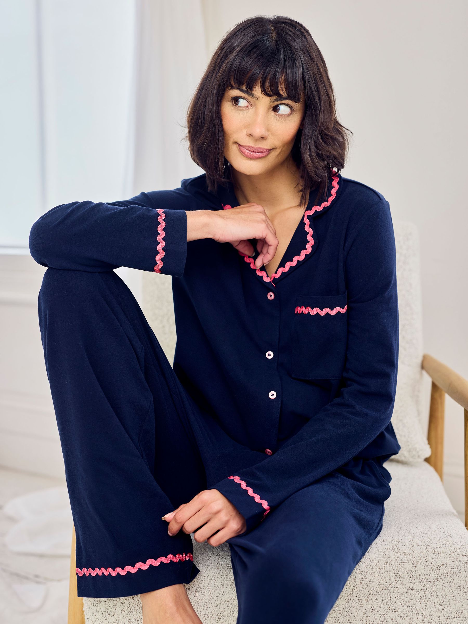 Buy Chelsea Peers Blue Cotton Embroidered Good Morning Long Pyjamas Set ...