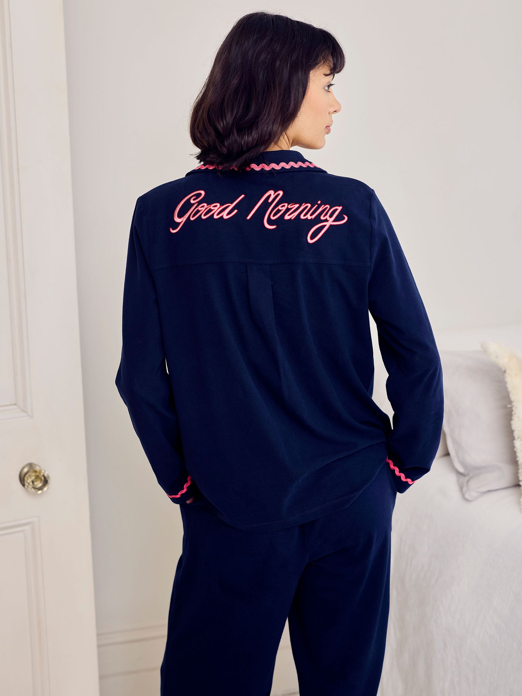 Buy Chelsea Peers Blue Cotton Embroidered Good Morning Long Pyjamas Set ...