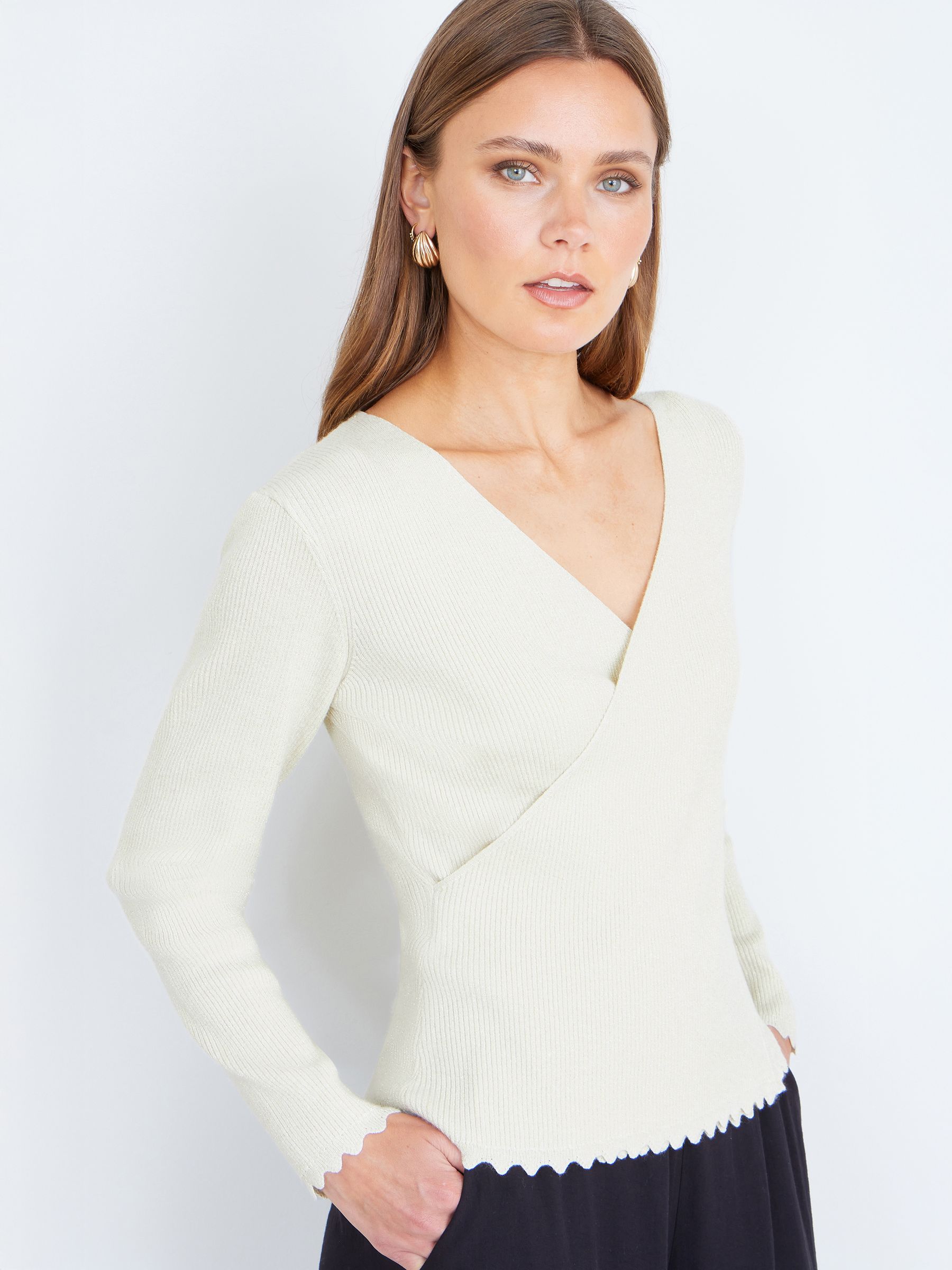 Buy Yumi Cream Metallic Thread Rib Wrap Knitted Top from Next India