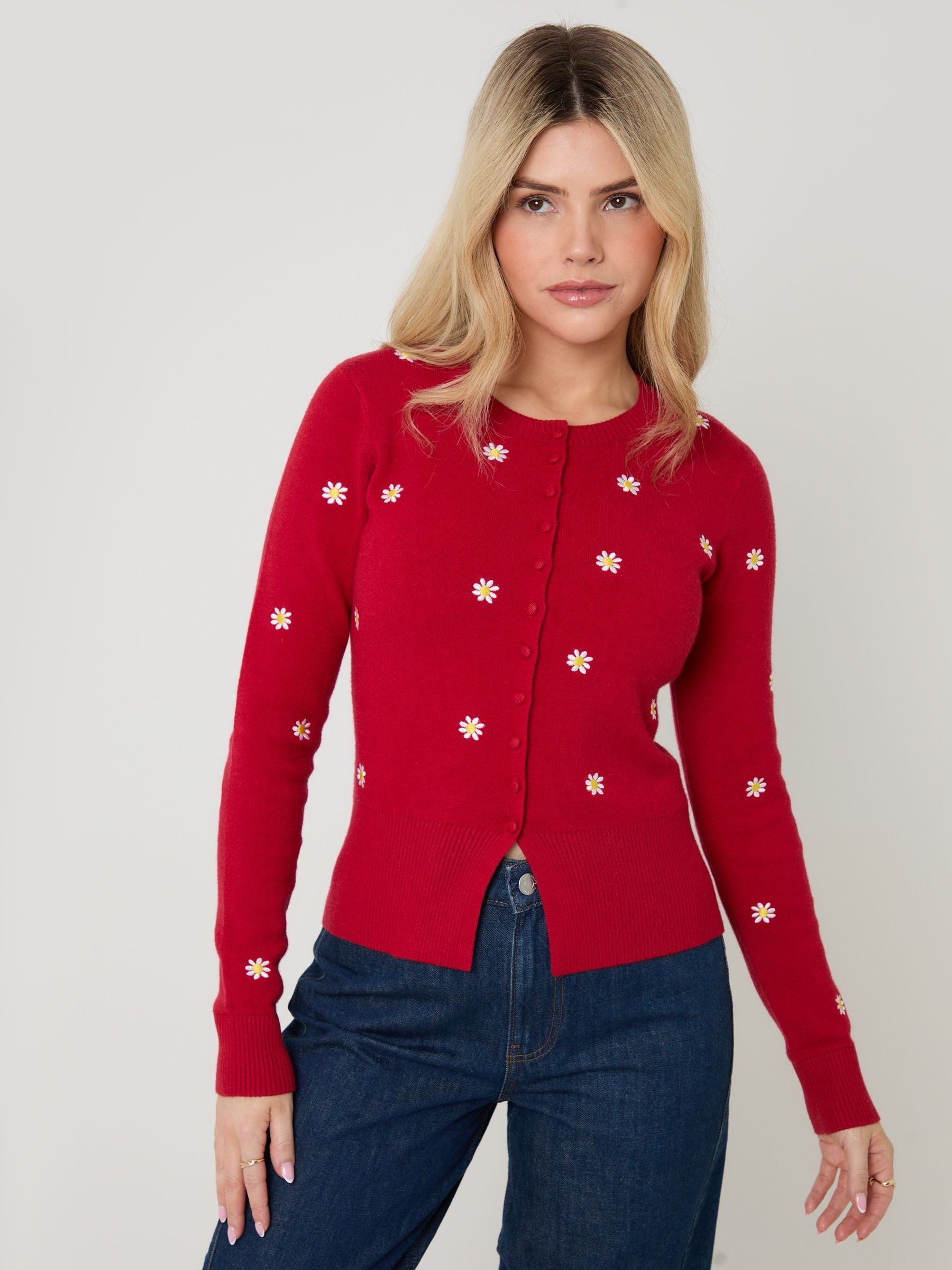 Buy Threadbare Red Daisy Embroidered Crew Neck Knitted Cardigan from ...