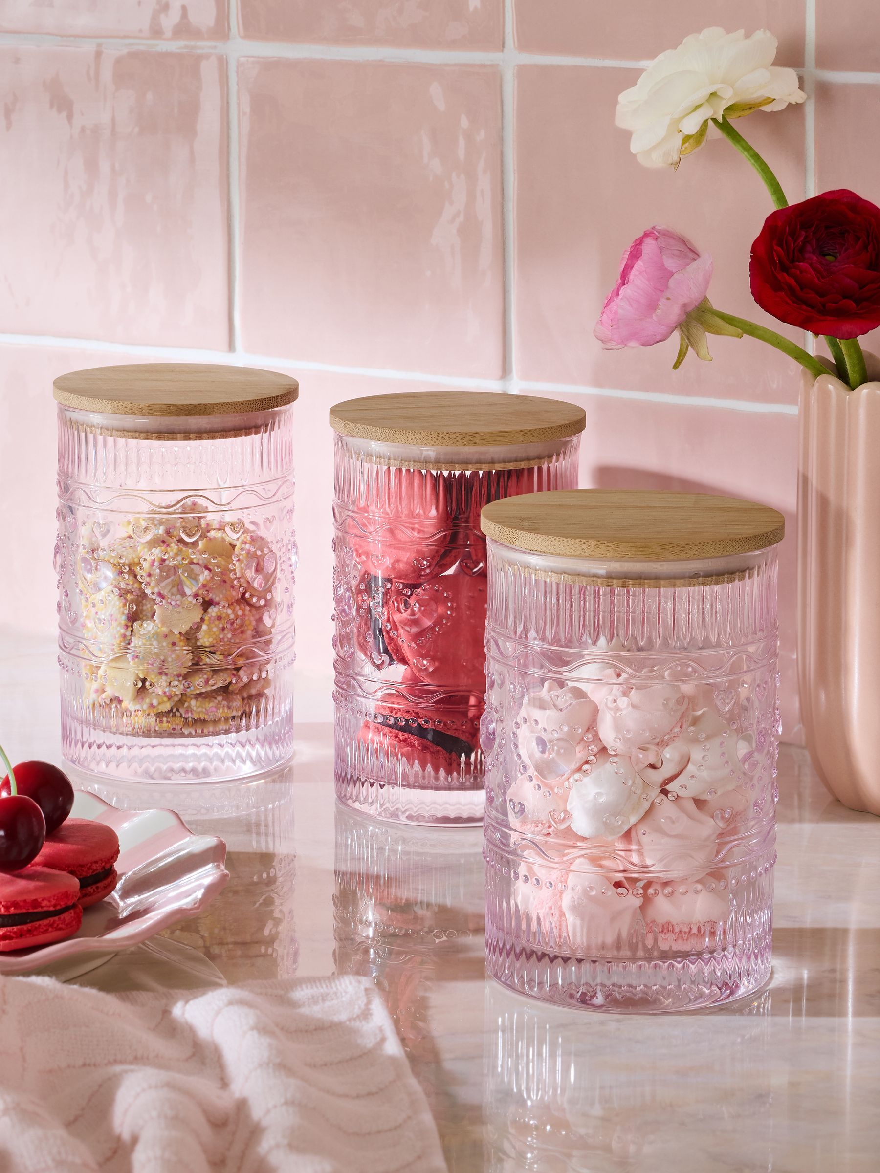Buy Set of 3 Pink Pressed Glass Heart Storage Jars from the Next UK ...