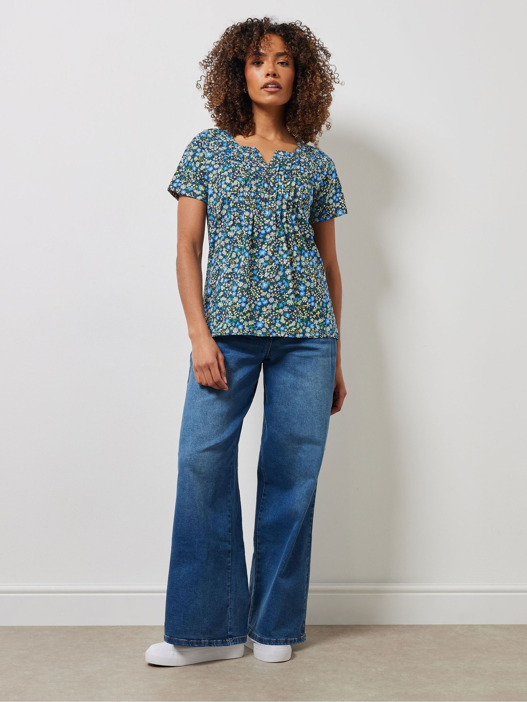 Buy M&Co Navy Blue Floral Short Sleeve 100% Cotton Henley Top from the ...