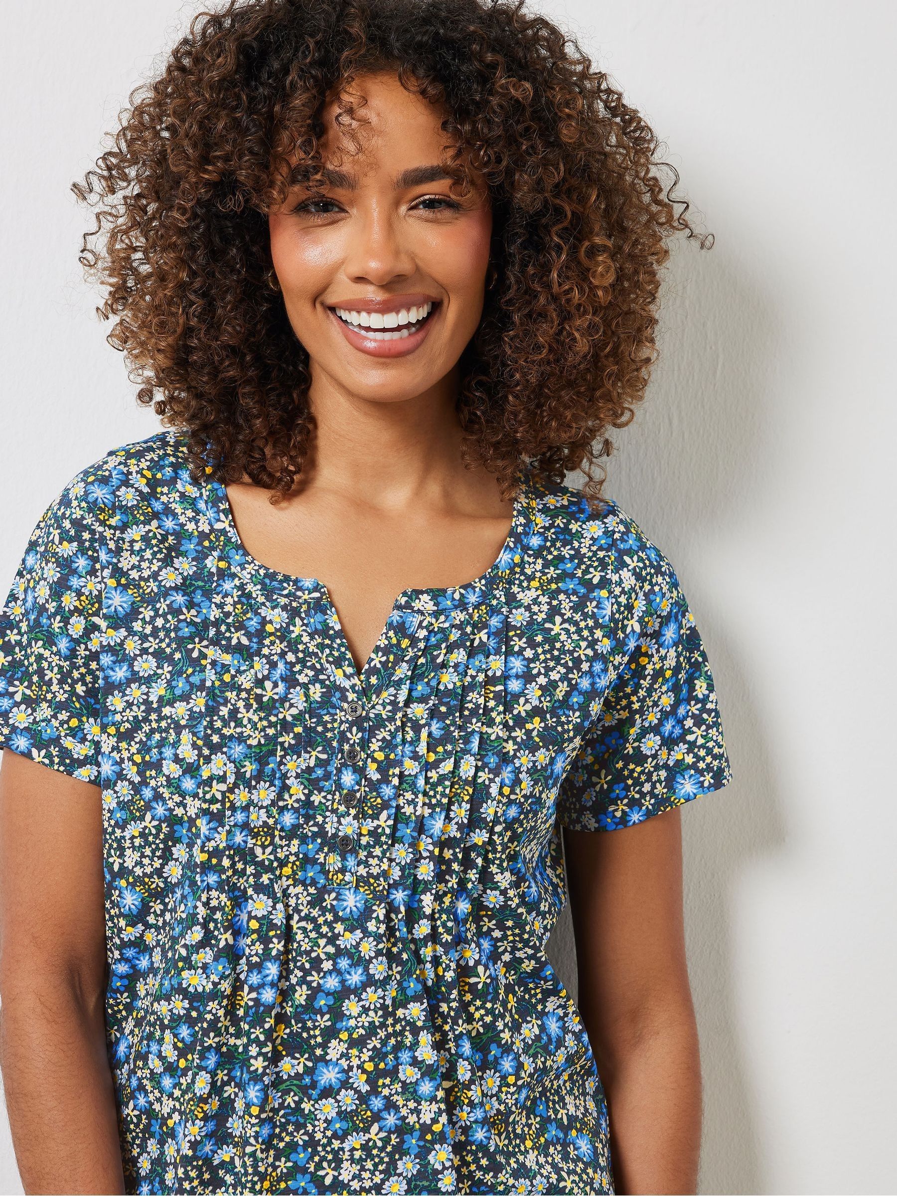 Buy M&Co Navy Blue Floral Short Sleeve 100% Cotton Henley Top from the ...