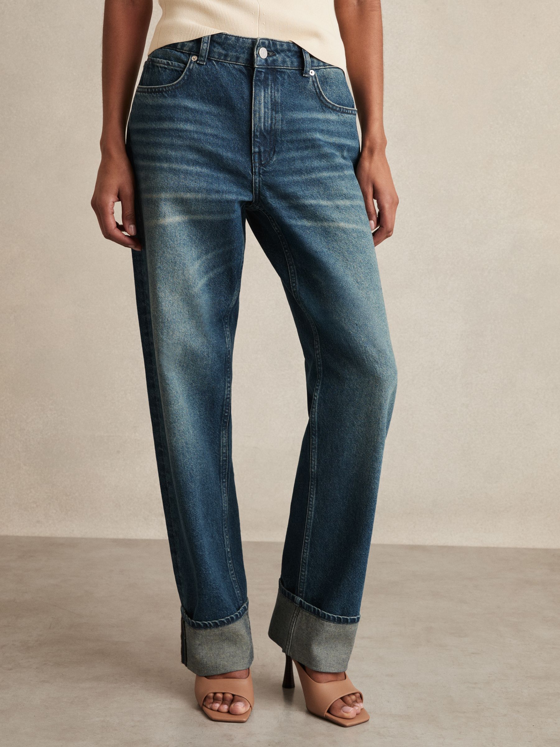 Buy Reiss Mid Blue Belinda Petite Straight-Leg Turn-Up Jeans from the ...