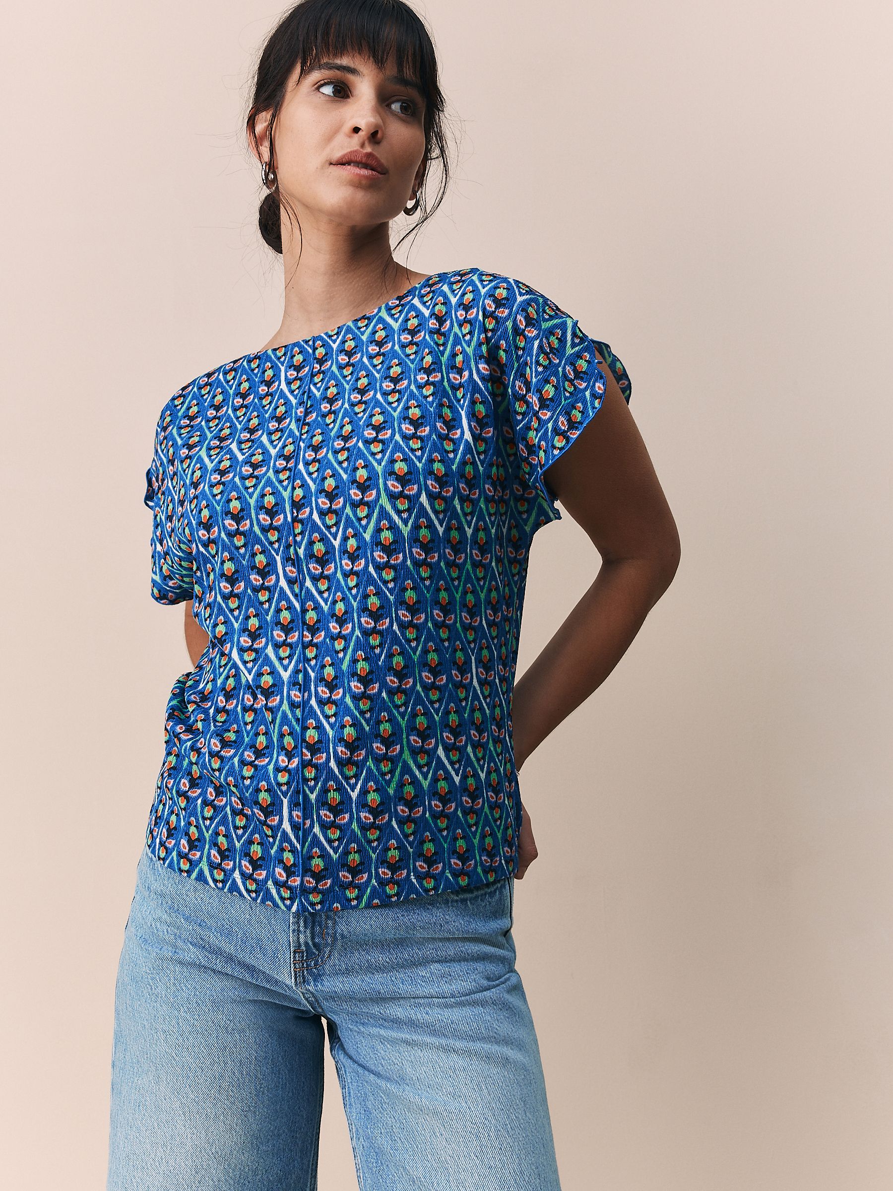 Buy Blue Tile Print Flutter Sleeve Textured Smart Top from Next Italy