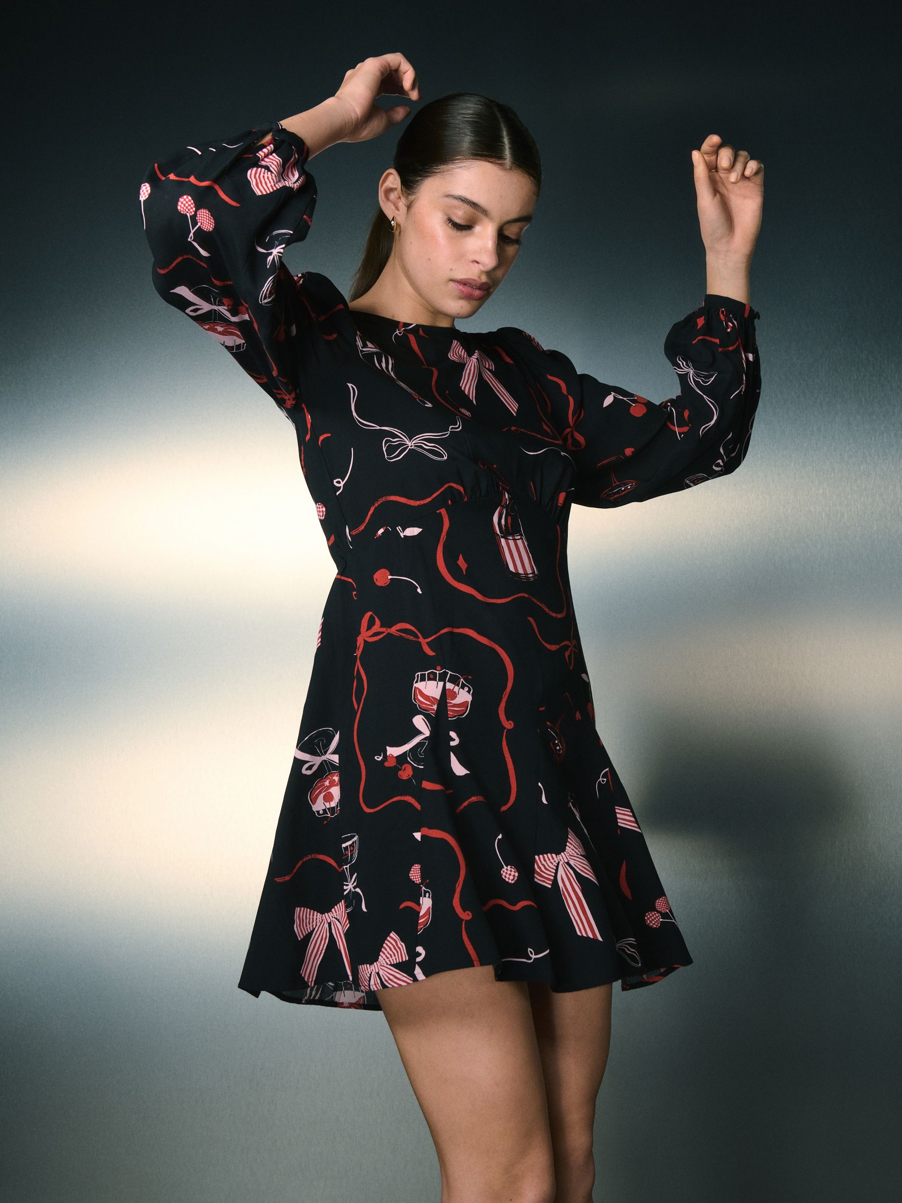 Buy Black/Pink Christmas Print Mini Long Sleeve A-Line Seam Detail ...