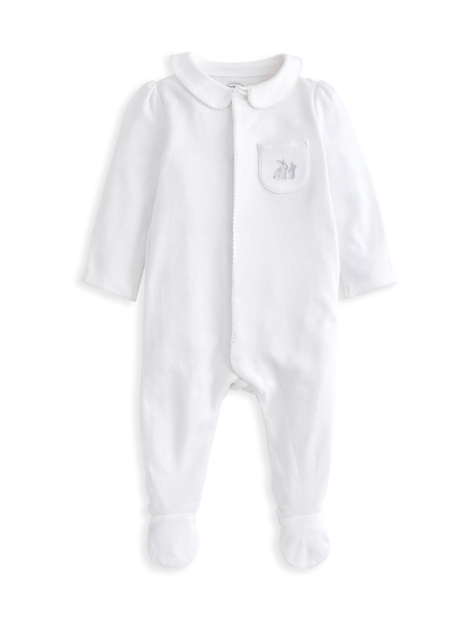 Buy Mamas & Papas White Rabbit 100% Cotton Embroidered Sleepsuit With ...